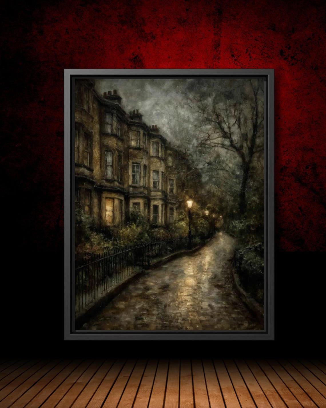 Victorian London Street At Night Art Poster Gothic Row Of Houses With ...