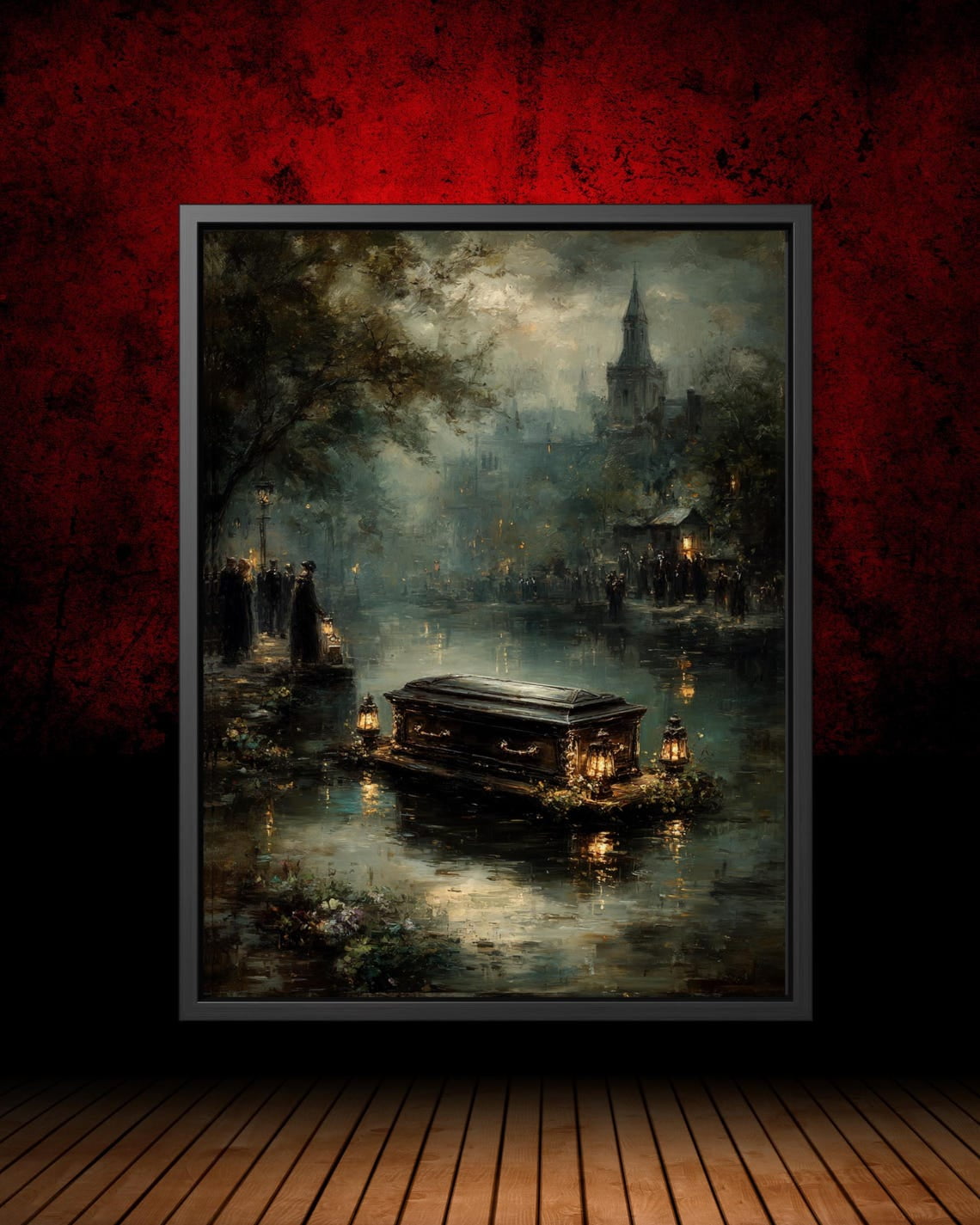 Victorian Mourning Art Poster, Gothic Coffin On Water With Lanterns ...