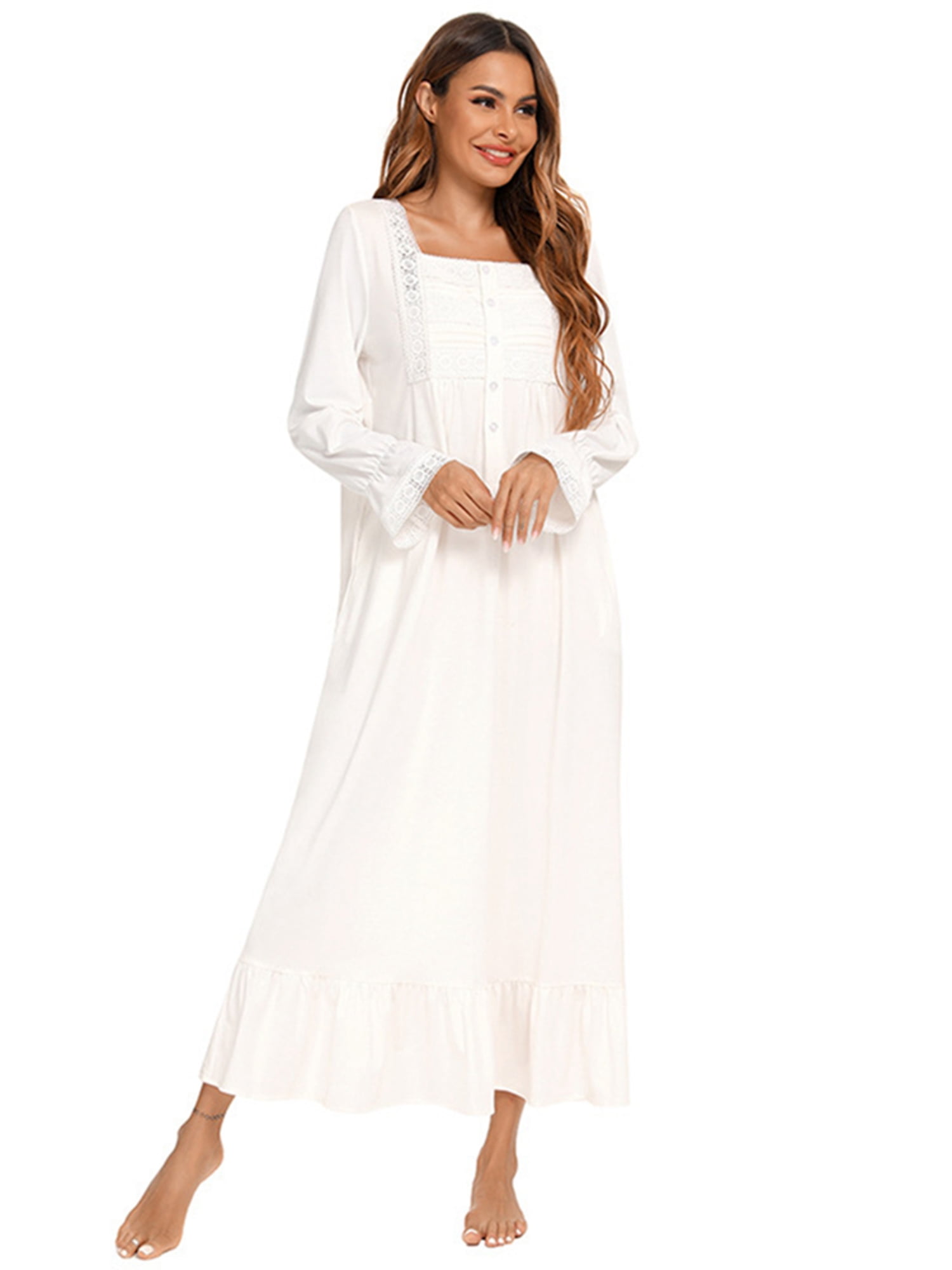 Victorian Nightgown for Women White Casual Fit Short Sleeve Lace Full ...