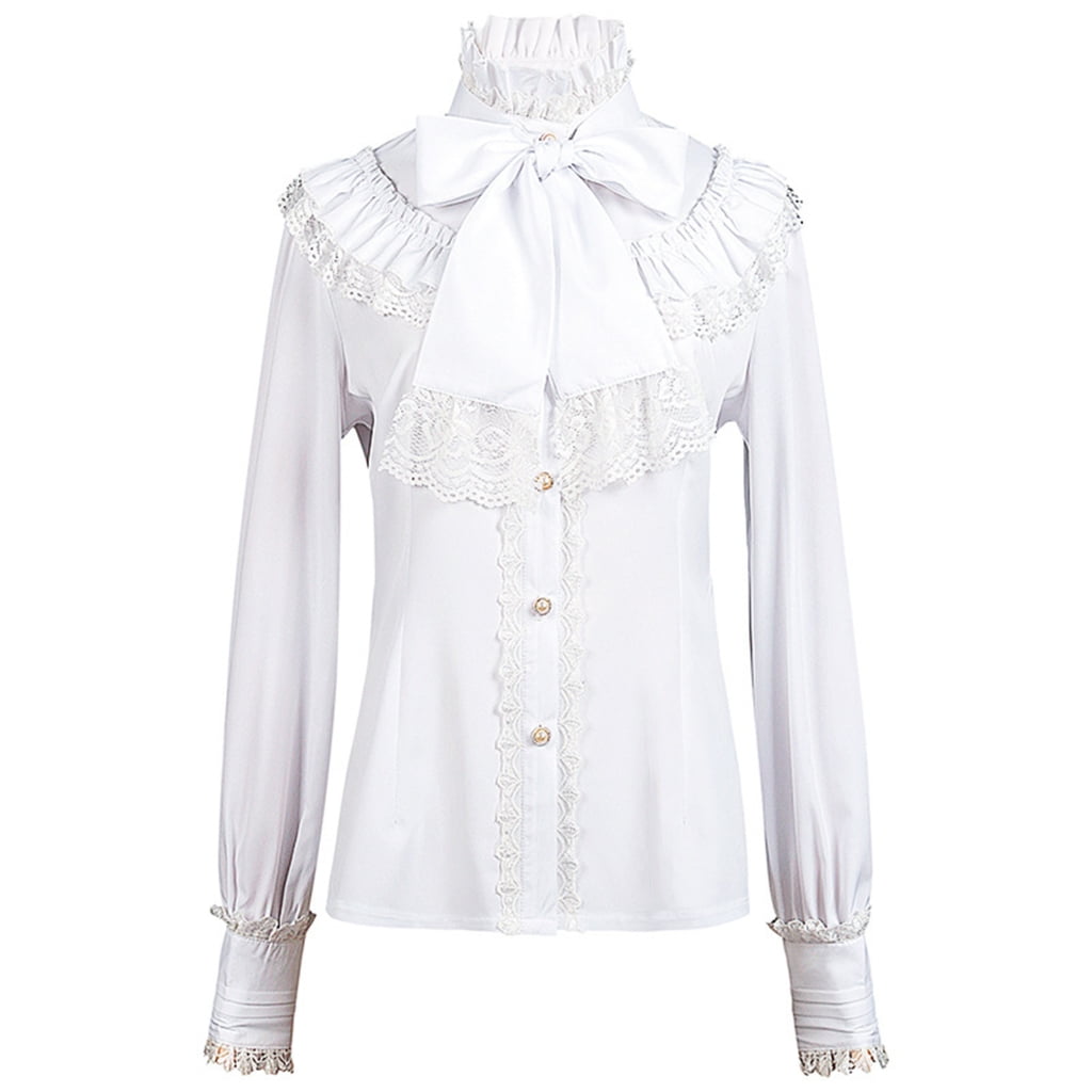 Victorian Renaissance Ruffled Lace Blouse Steampunk Long Sleeve Bows ...