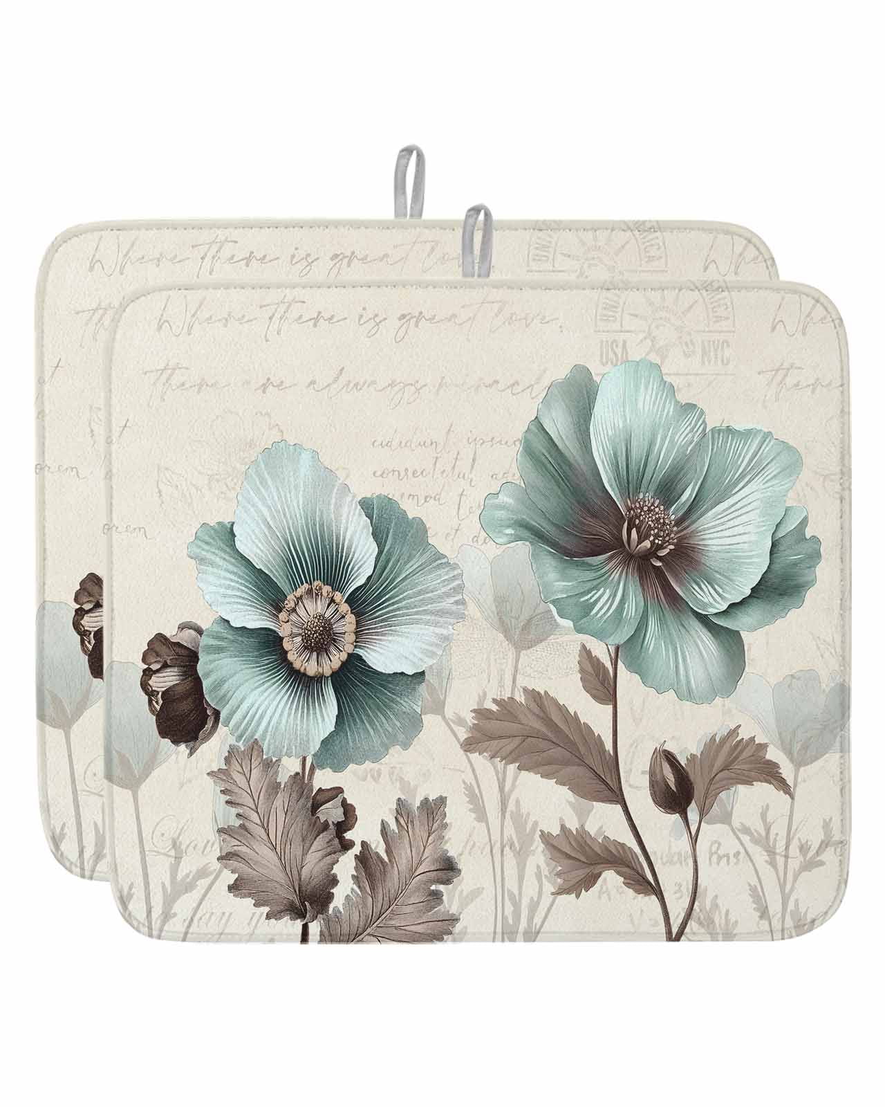 Victorian Style Dish Drying Mat 16x18 inch Vintage Blue Flowers ...