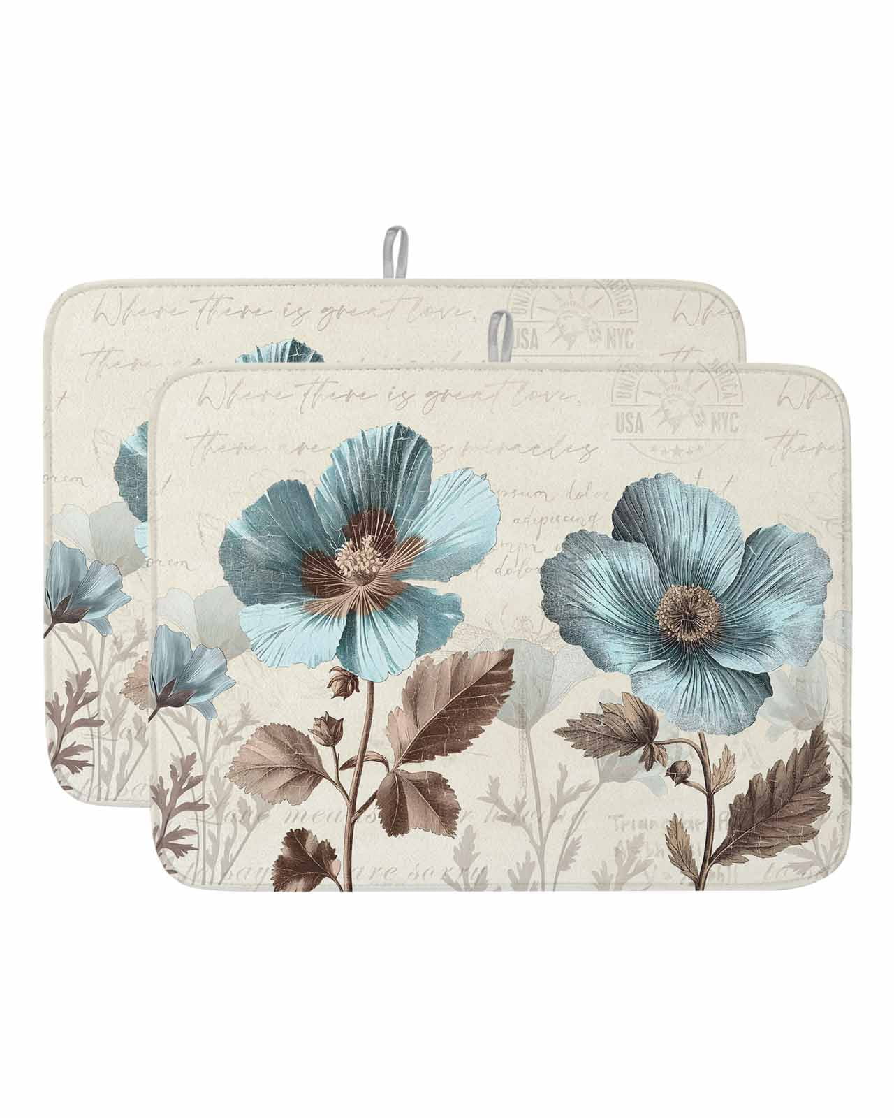Victorian Style Dish Drying Mat 18x24 inch Blue Retro Poppy Flower ...