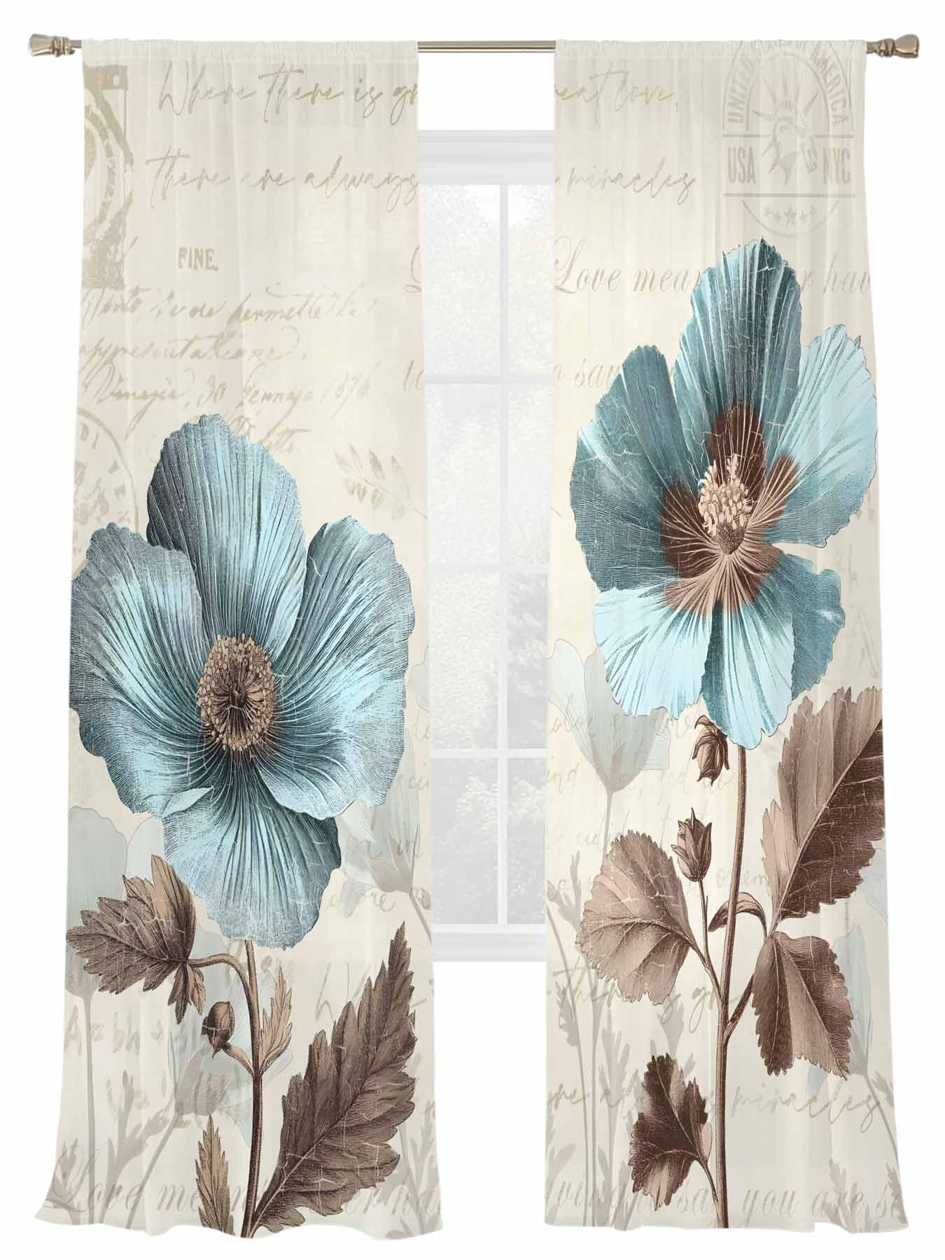 Victorian Style Sheer Curtains 2 Panels Set Blue Retro Poppy Flower ...