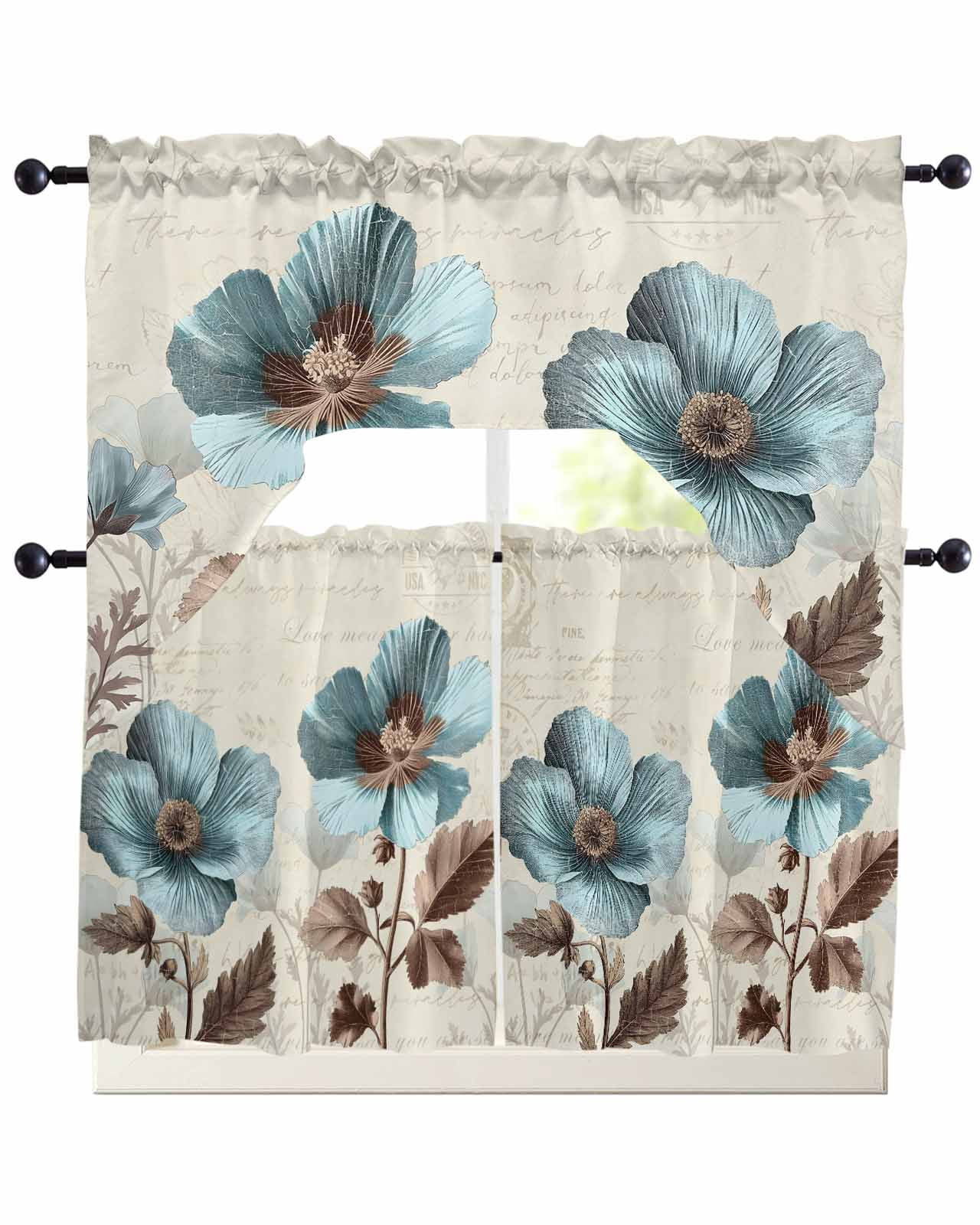 Victorian Style Swag Valance and Tier Curtains Set Blue Retro Poppy ...