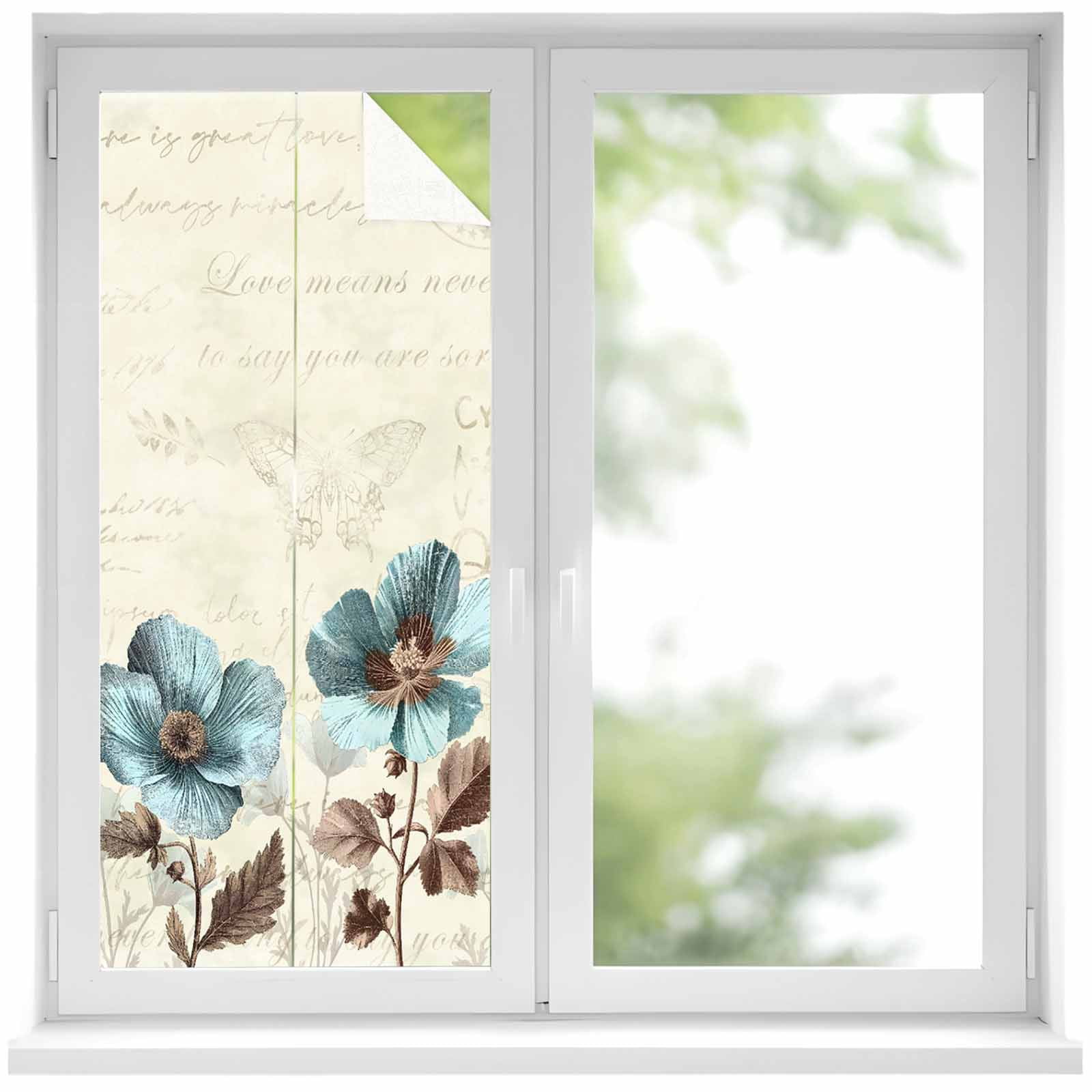 Victorian Style Window Privacy Film Blue Retro Poppy Flower Plant ...