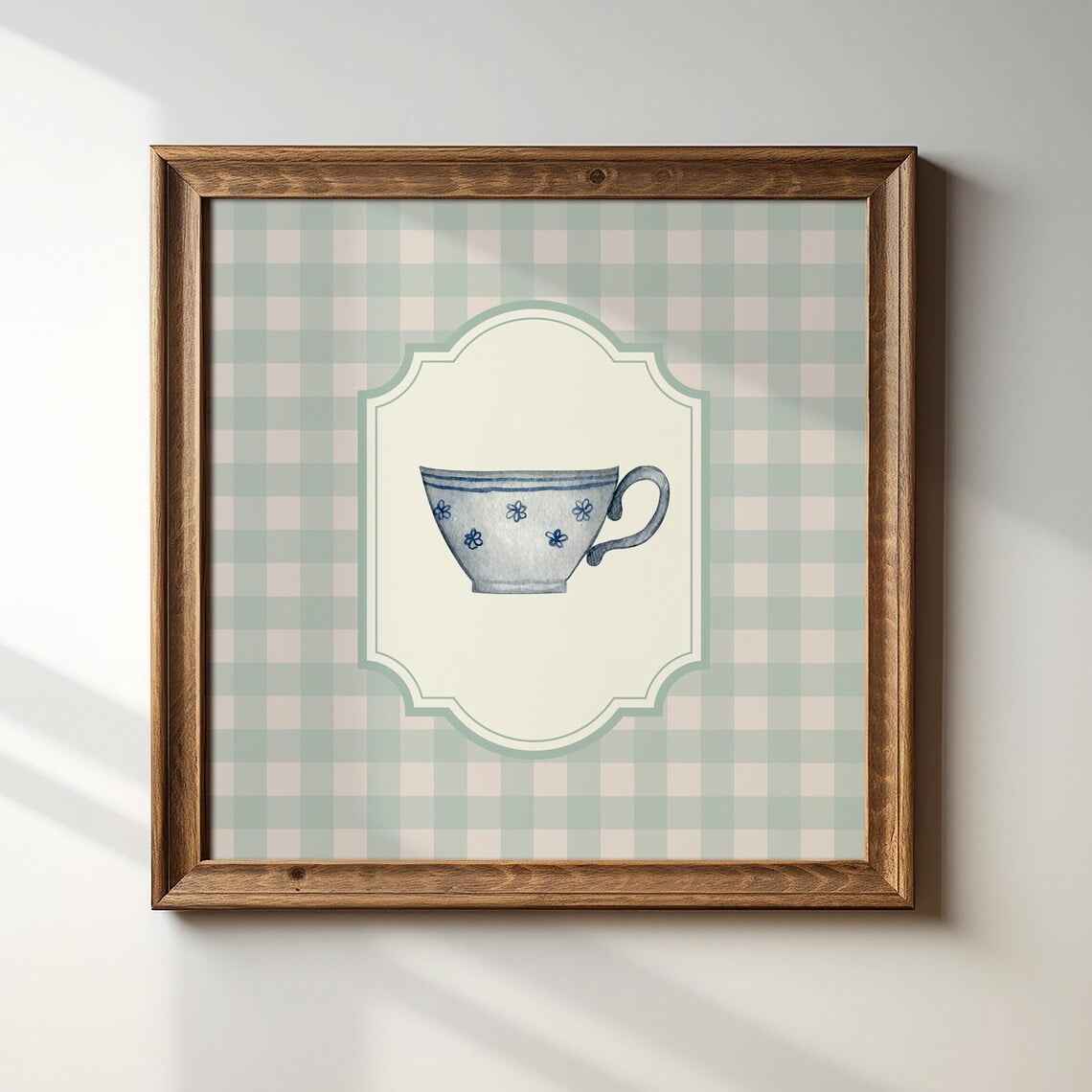 Victorian Tea Cup, Square Blue Gingham Illustration Print, Art Print ...
