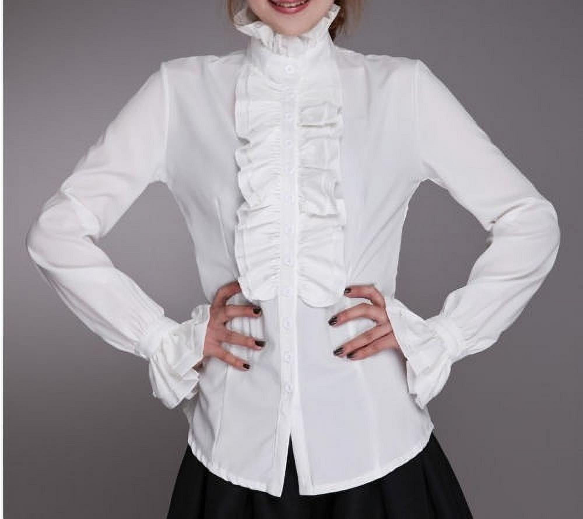 Victorian Womens Long Sleeves Tops High Neck Frilly Ruffle Shirt Blouse ...