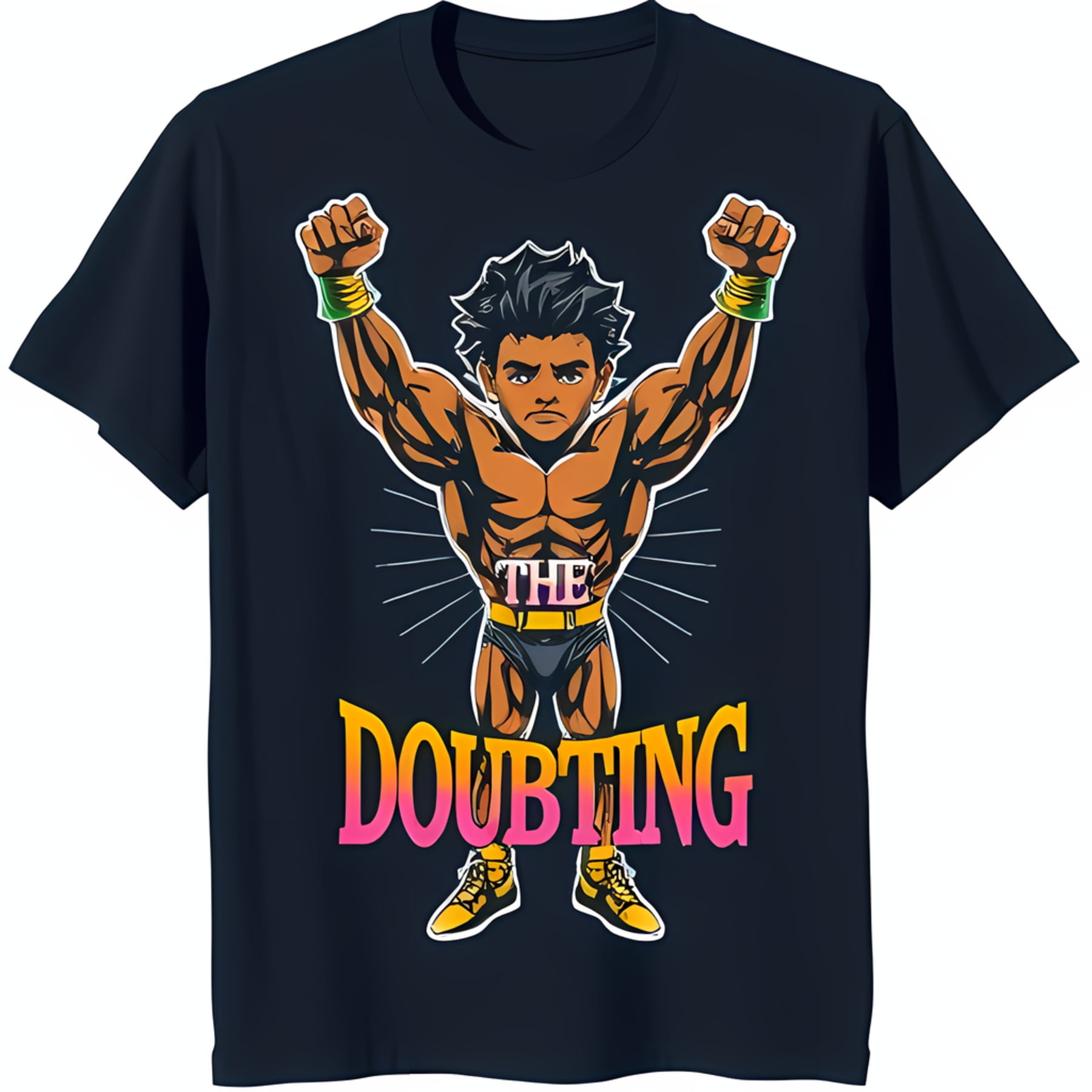 Victorious Cartoon Wrestler Graphic on Black T-Shirt Bold 'DOUBTING ...