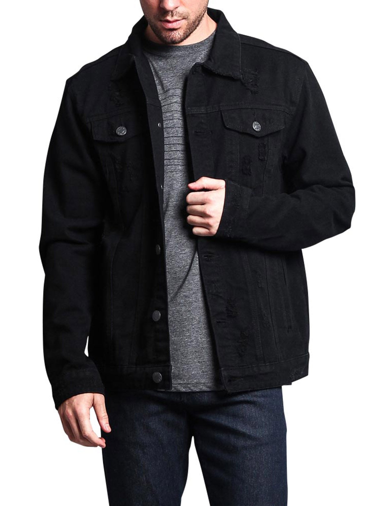 Victorious Men's Detachable Hood Layered Look Distressed Denim Jacket DK135 - Black - 4X-Large ...