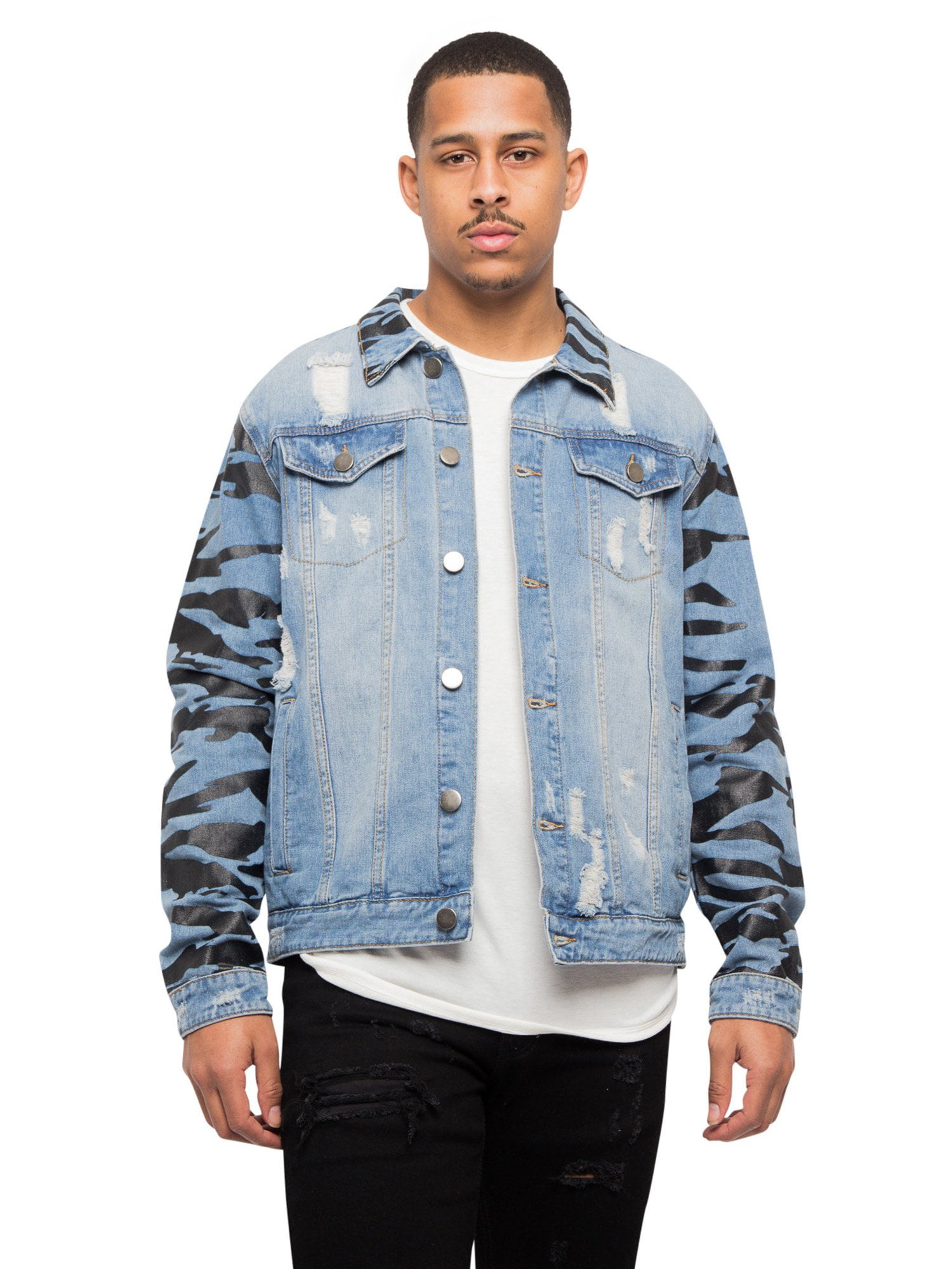Victorious Men's Distressed Tiger Stripe Camo Sleeve Denim Jean Jacket ...