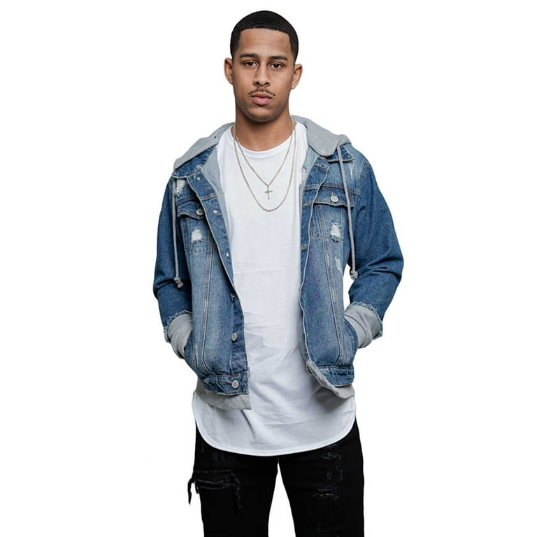 Victorious Men's Hoodie Layered Ripped Denim Jacket with Victorious Men's Hoodie Layered Ripped Denim Jacket with