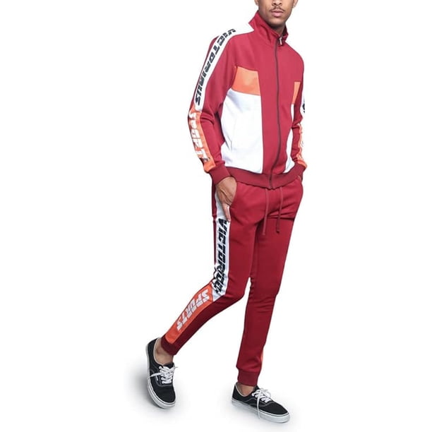 Victorious Men's Sport Tri Color Lettered Sleeve Outseam Track Suit ...