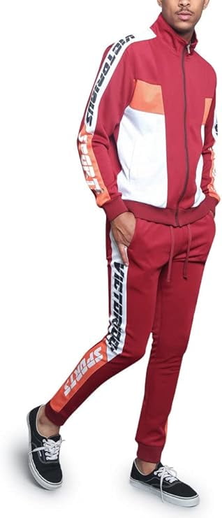Victorious Men's Sport Tri Color Lettered Sleeve Outseam Track Suit ...