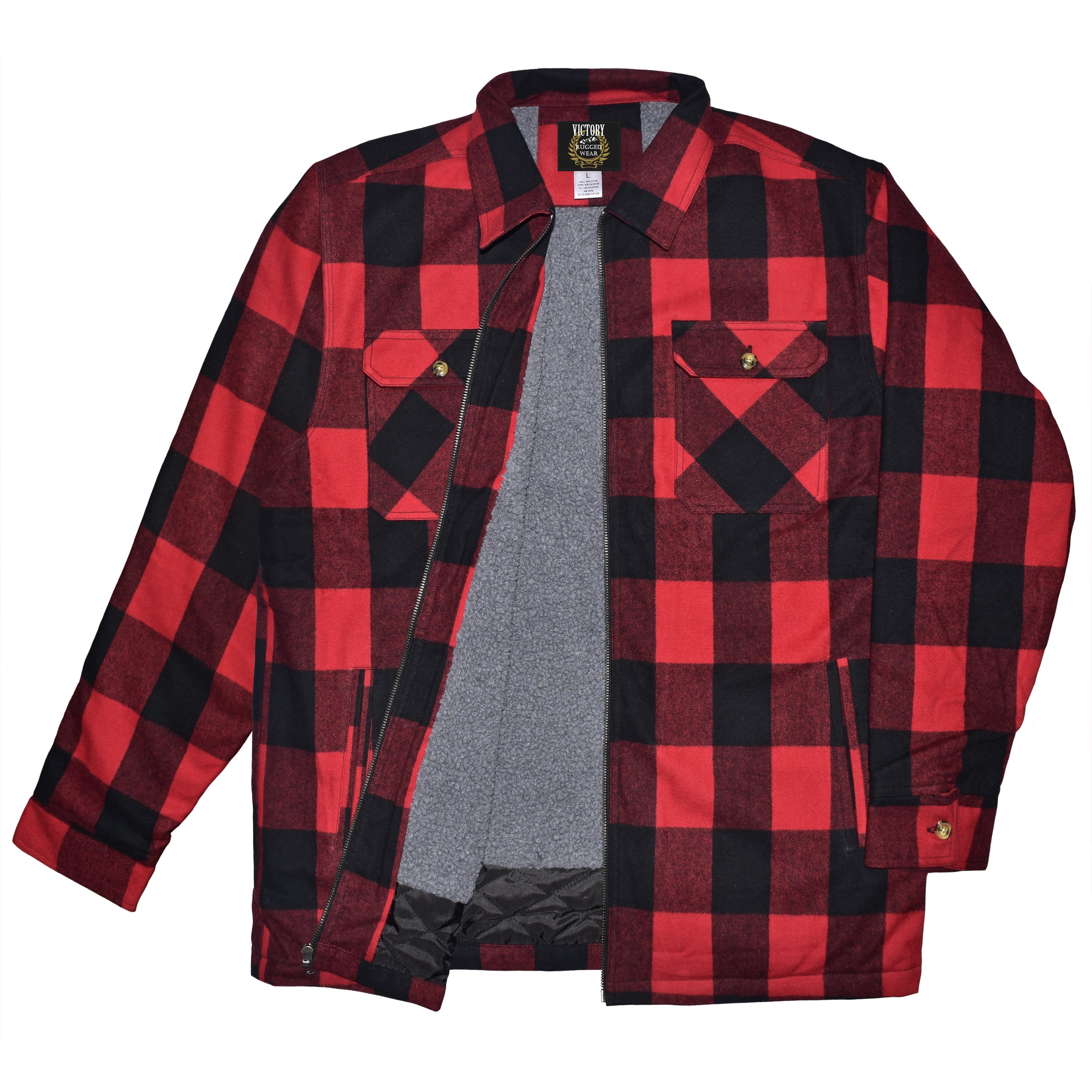Victory Men's Brawny Sherpa-Lined Flannel Jacket - RED/BLK - L ...