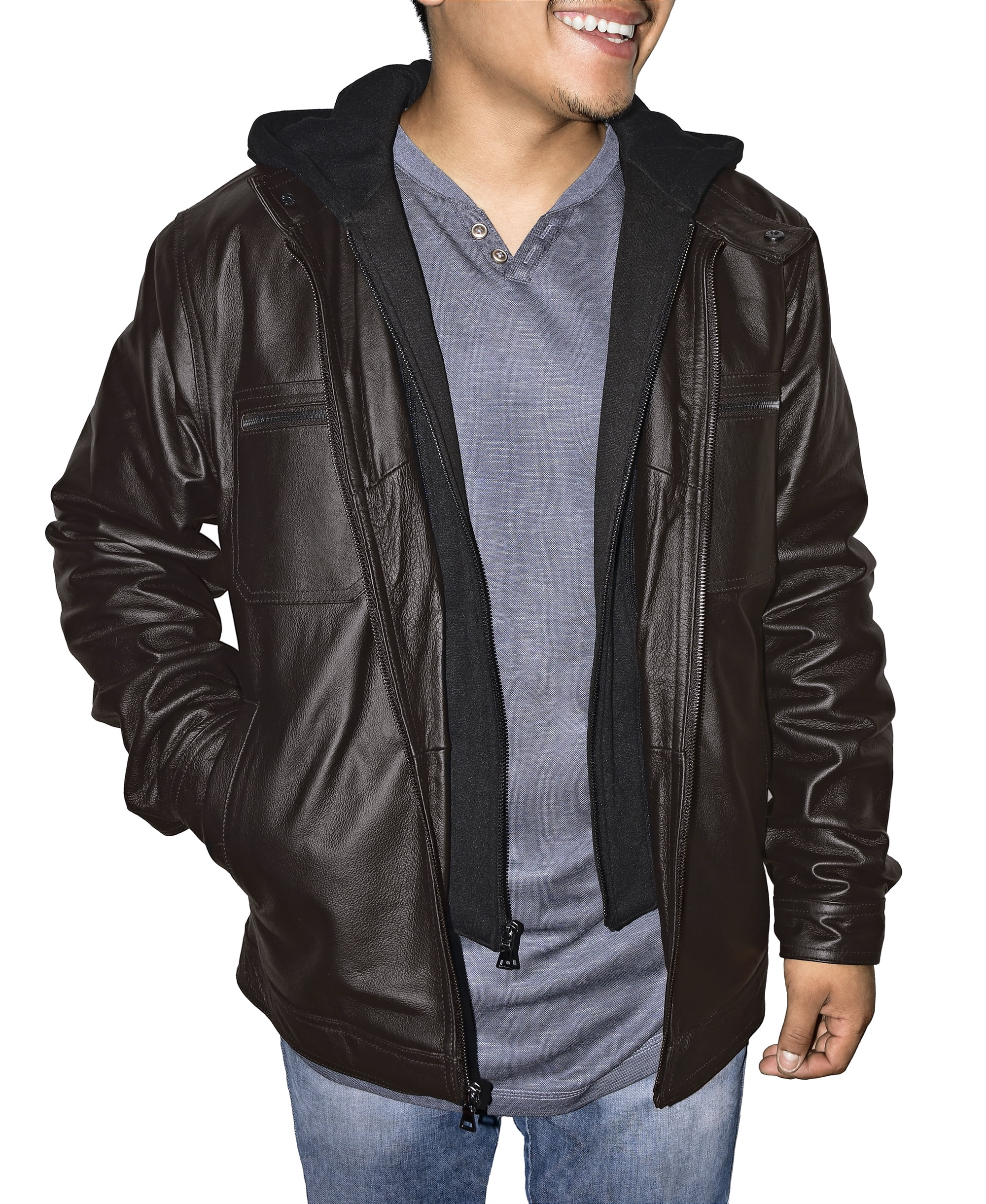 Victory Outfitters Men's Zip Out Removable Hood Genuine Leather Jacket ...