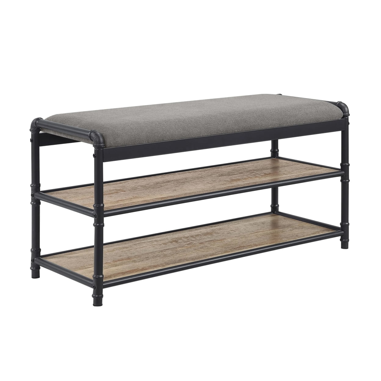 Vida 41 Inch Industrial Shoe Rack, Bench Seat, Wood Shelves, Black ...
