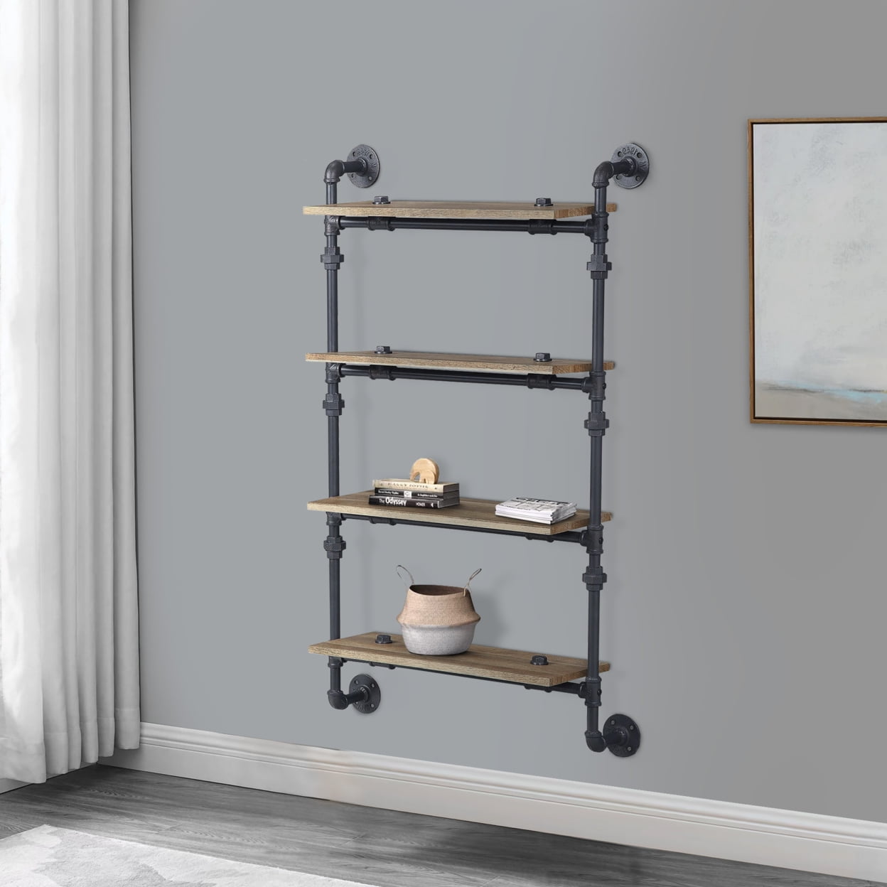Vida 47 Inch Wall Mount Rack, 4 Tier, Industrial Pipe Frame, Brown ...