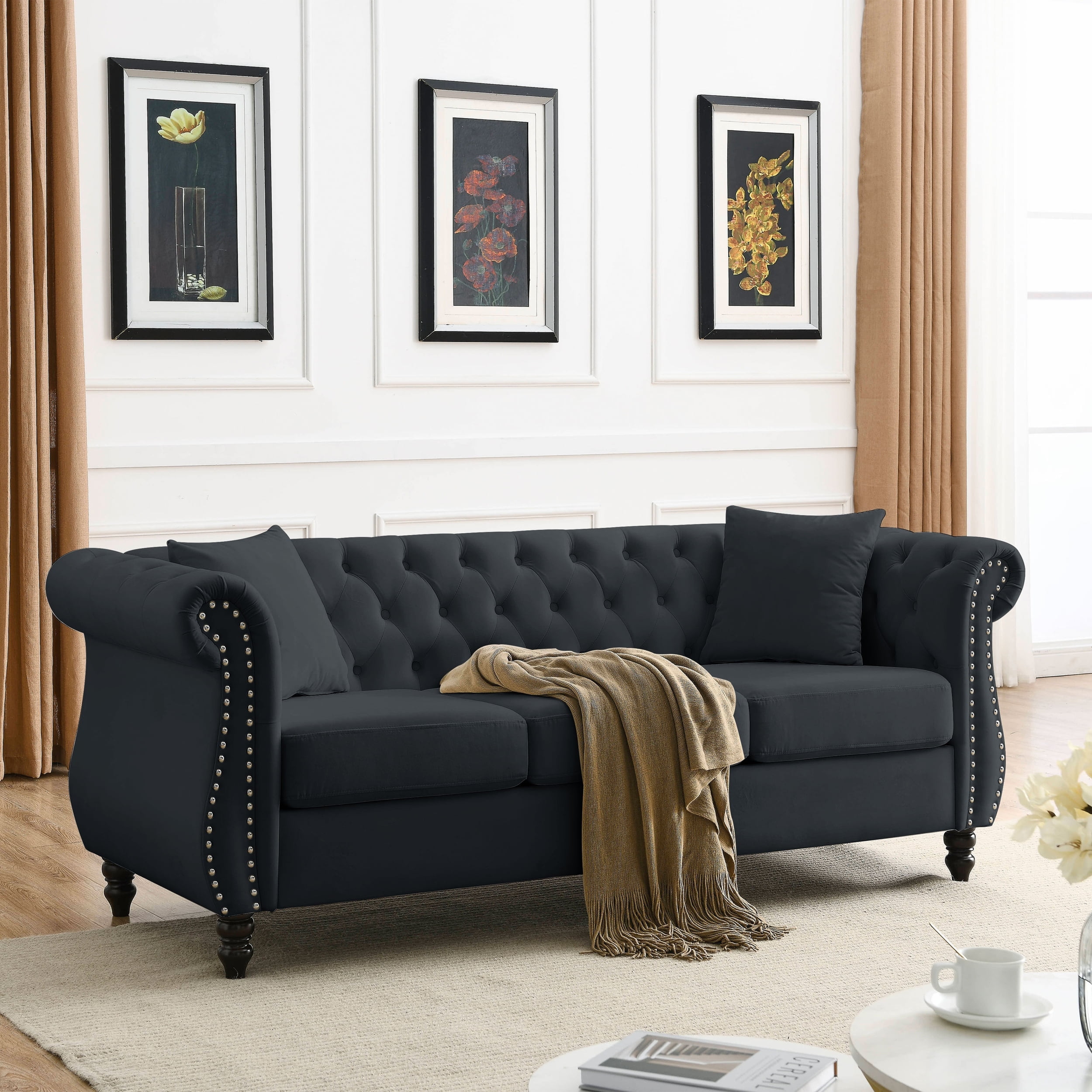 [Video] 80" Chesterfield Sofa Black Velvet for Living Room, 3 Seater Sofa Tufted Couch with ...