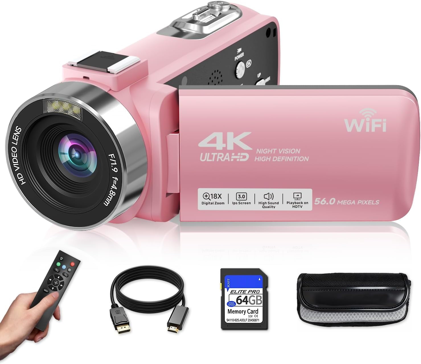 Video Camera, 4K Camcorder 56MP Diital Video Recorder 18X Zoom 3" 270 ...