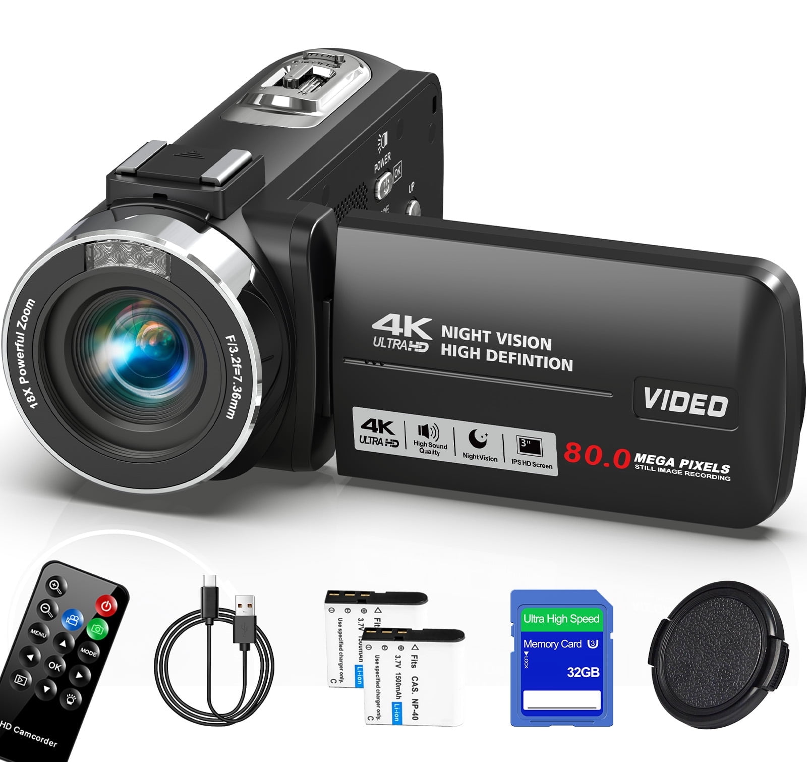 Video Camera 4K UHD 80MP 18X Zoom IR Night Vision with 32GB SD Card ...