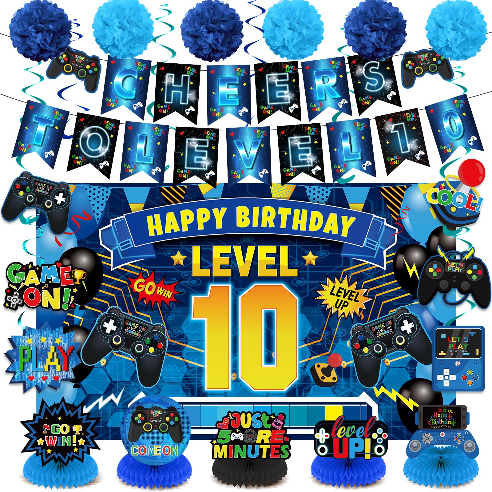 Video Game 10th Birthday Party Decorations Blue Black Birthday Level 10 ...