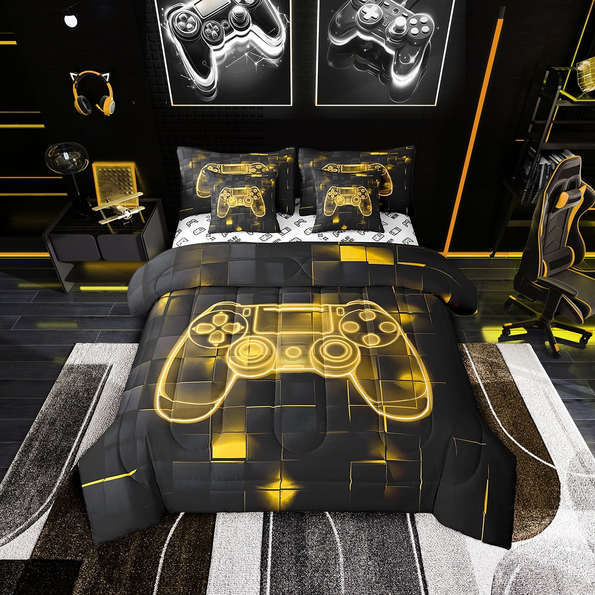 Video Game 7 Piece Bed In A Bag Twin Twin Gaming Bedding Set Yellow Black Geometric Gampad ...