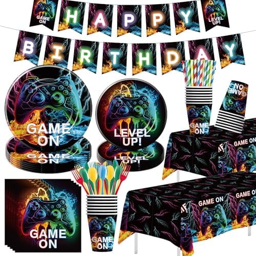 Video Game Birthday Decor (Serves 24): "Game On" theme tableware (plate ...