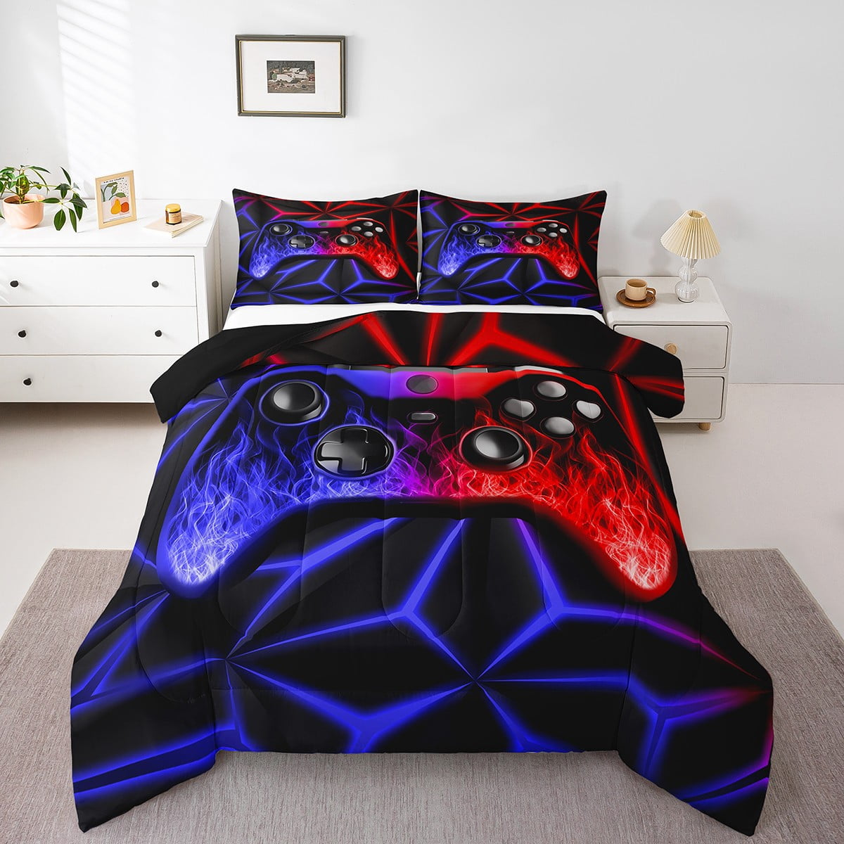 Video Game Comforter Set Game Room Decor Bedding Sets, Blue Red Flame ...