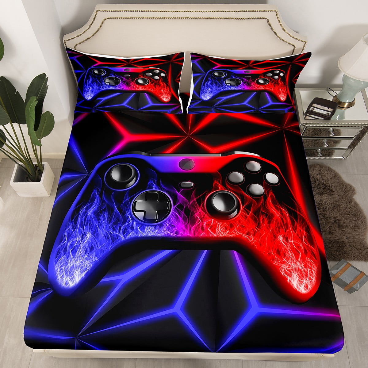 Video Game Full Size Bed Sheets Game Room Decor Fitted Sheet, Blue Red ...