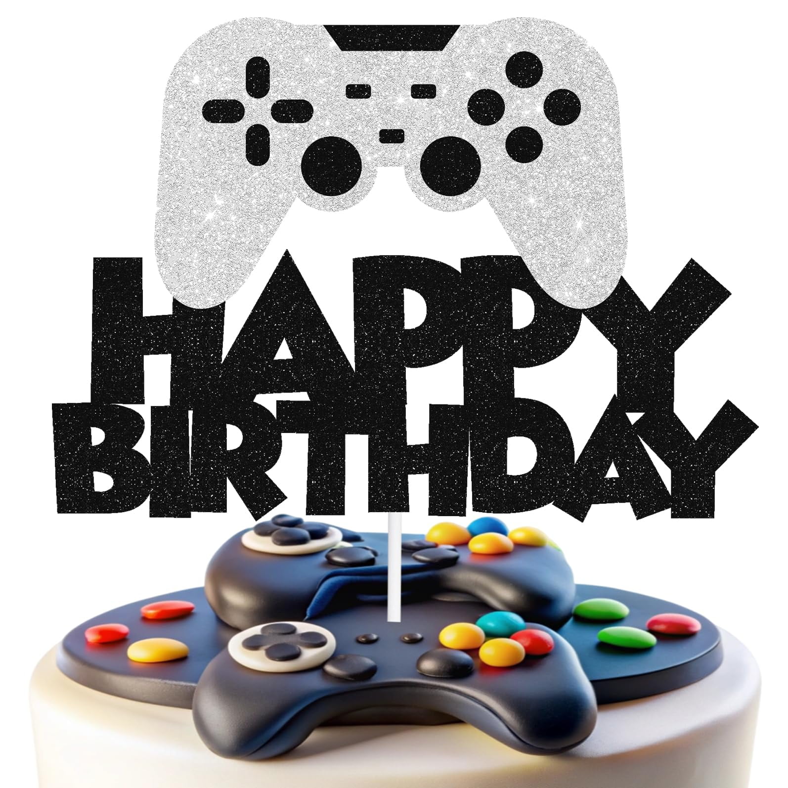 Video Game HappyTRDN Birthday Cake Topper Black Glitter Game Controller ...