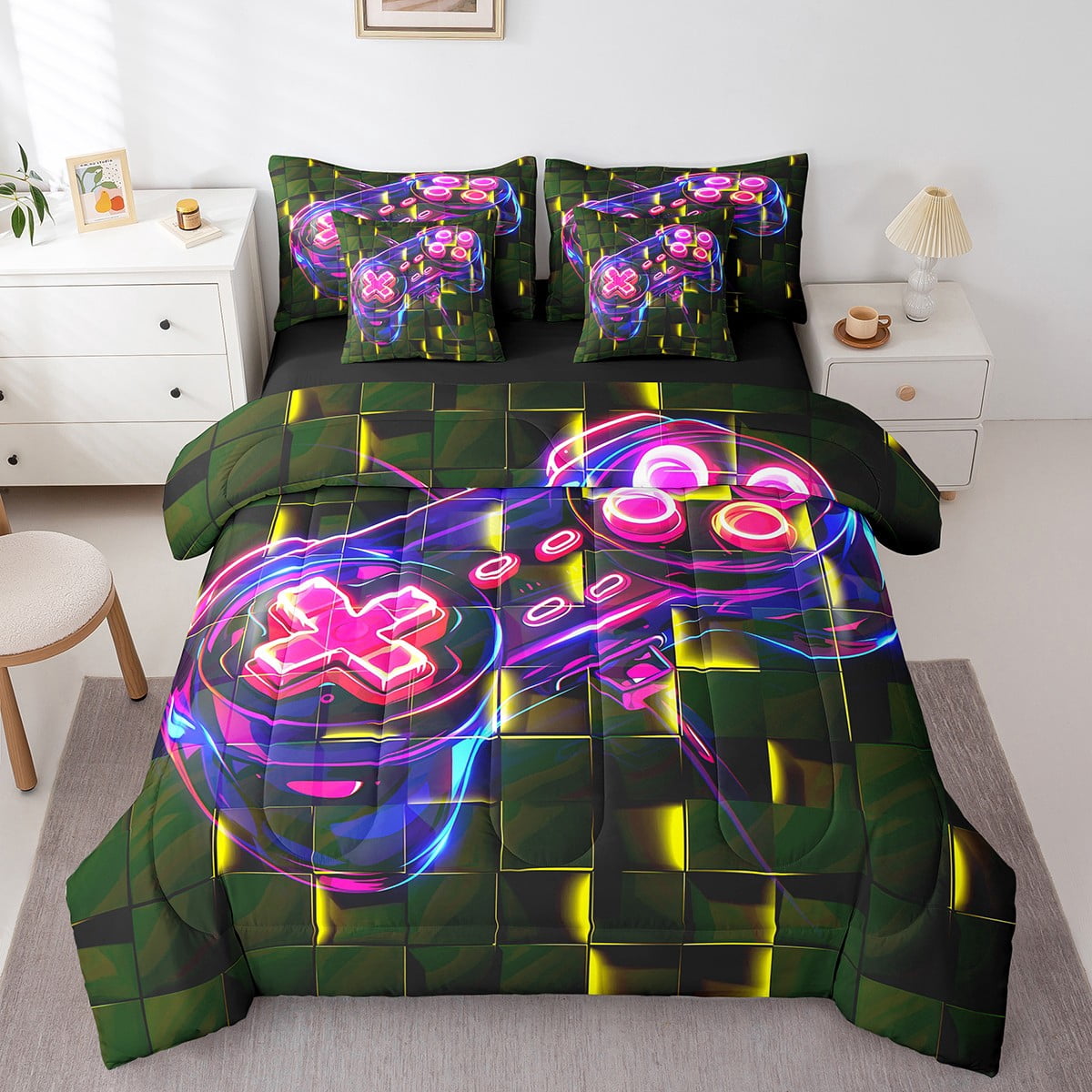 Video Game Twin Size Comforter Set 7-Piece Black Yellow Bedding Sets ...