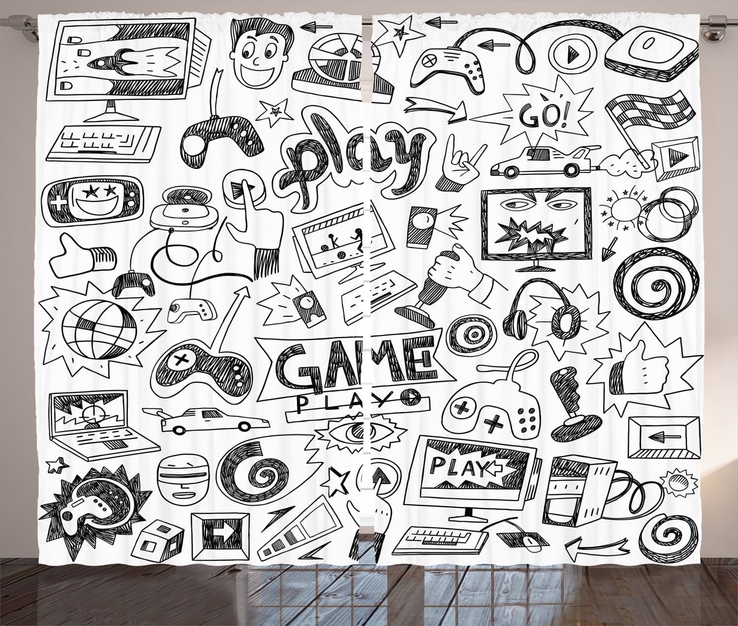 Ambesonne Video Games Curtains 2 Panel Set, Sketch Style Gaming, 108" x ...