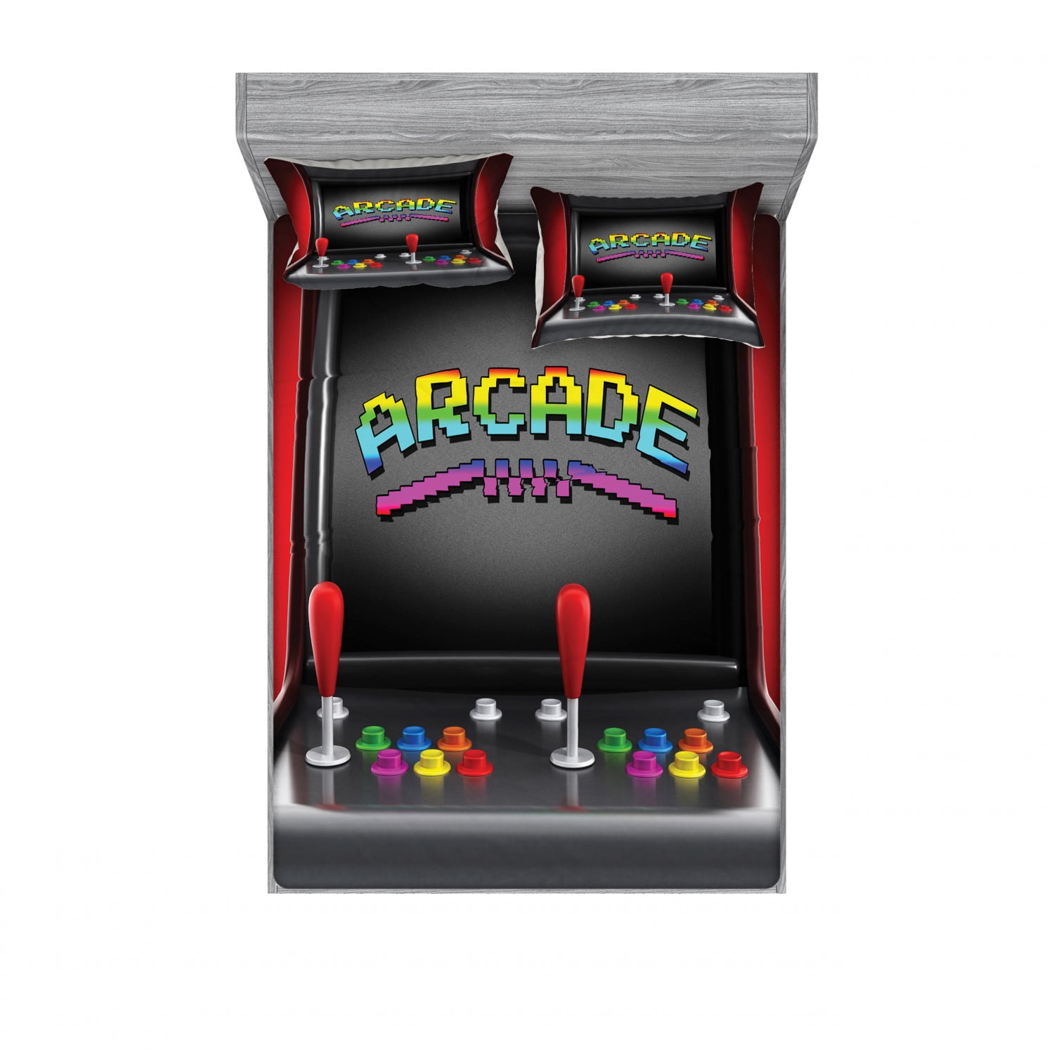 Video Games Fitted Sheet & Pillow Sham Set, Arcade Machine Retro Gaming ...