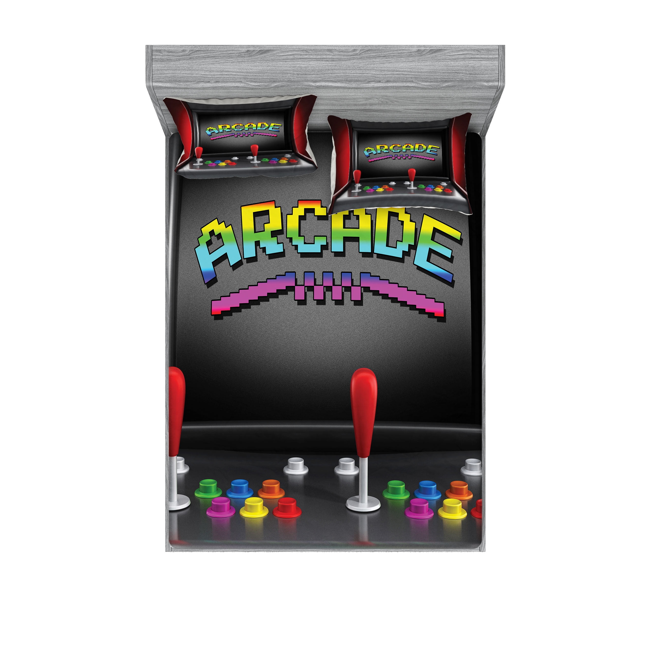 Video Games Fitted Sheet & Pillow Sham Set, Arcade Machine Retro Gaming ...