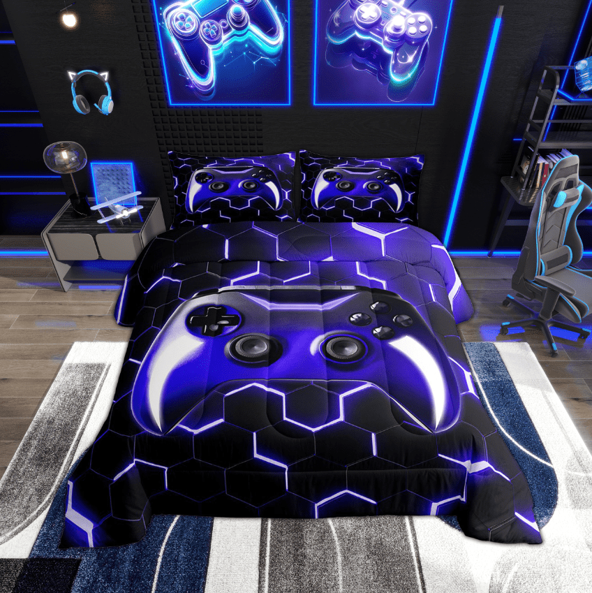 Video Games Gamer Comforter Set Deep Blue and Black Gaming Bedding ...