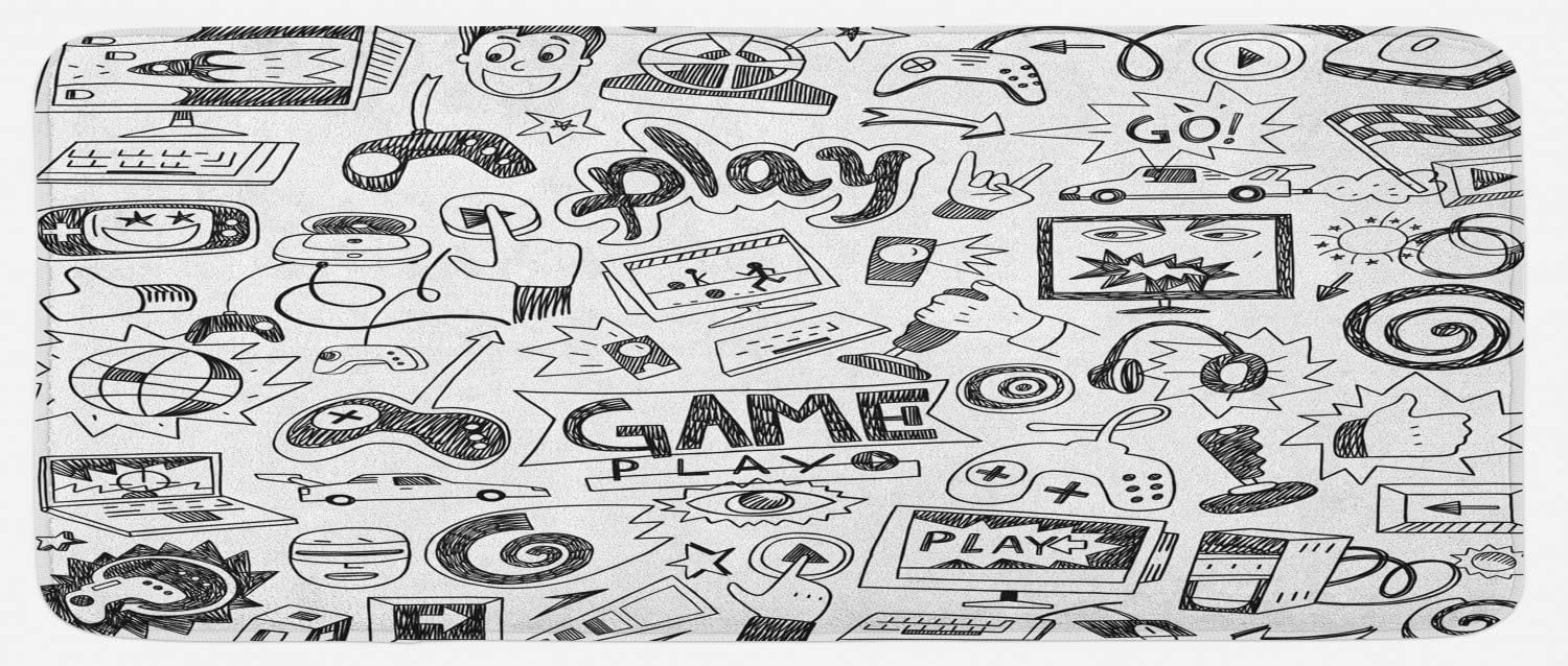 Video Games Kitchen Mat, Monochrome Sketch Style Gaming Design Racing ...