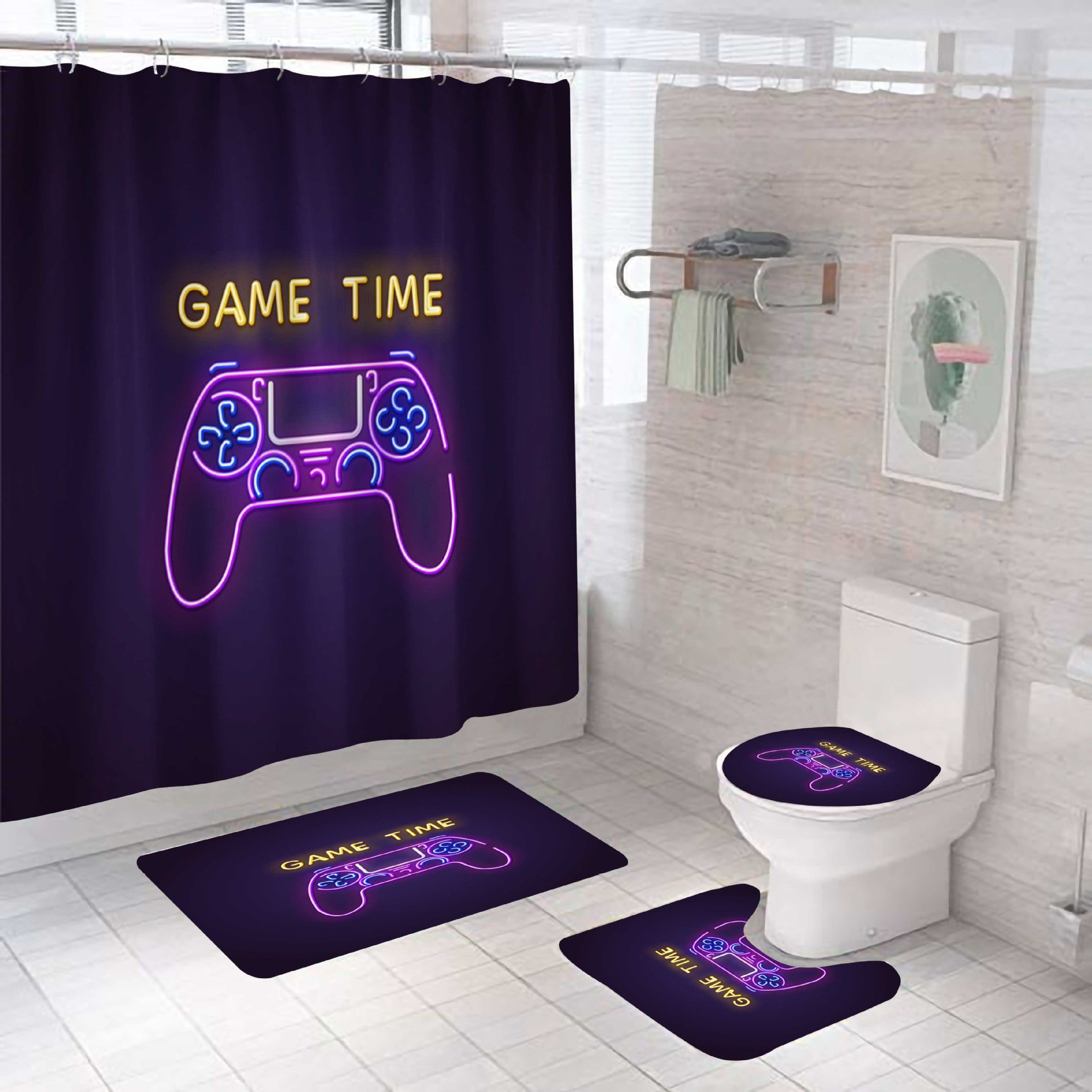 Video Games Shower Curtain72x72 Inch Kids Black White Graffiti Gamepad ...