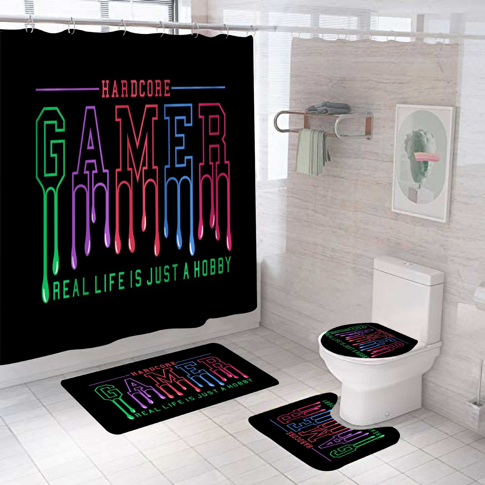 Video Games Shower Curtain72x72 Inch Kids Black White Graffiti Gamepad ...