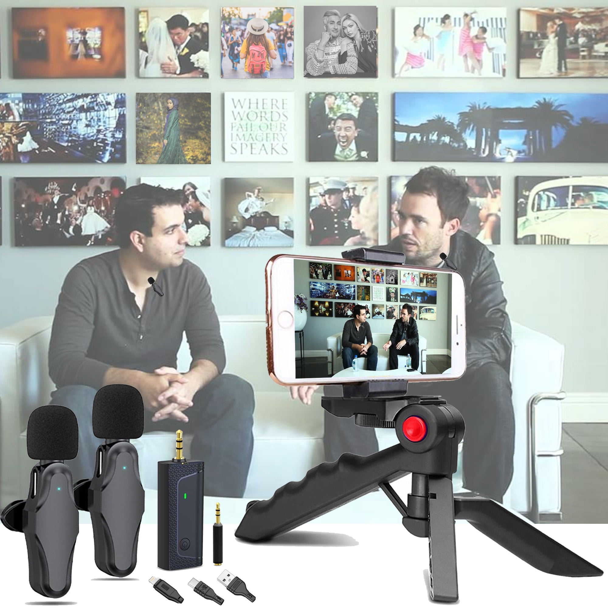 Vidpro Dual Wireless Lavalier Microphone Set with Phone Stand for ...