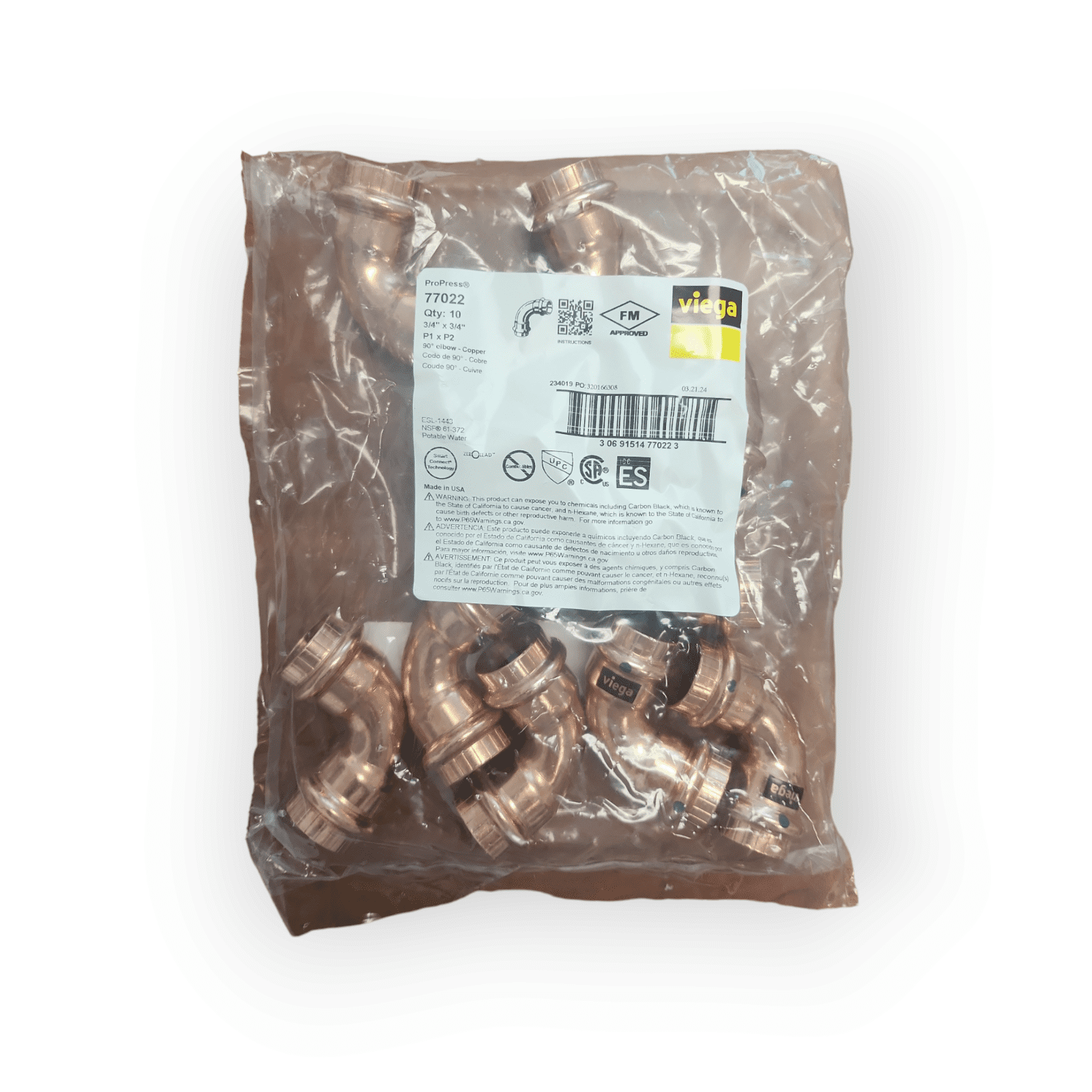 Viega 77022 ProPress 3/4" x 3/4" 90° Copper Elbow (Bag of 10) - Walmart.com