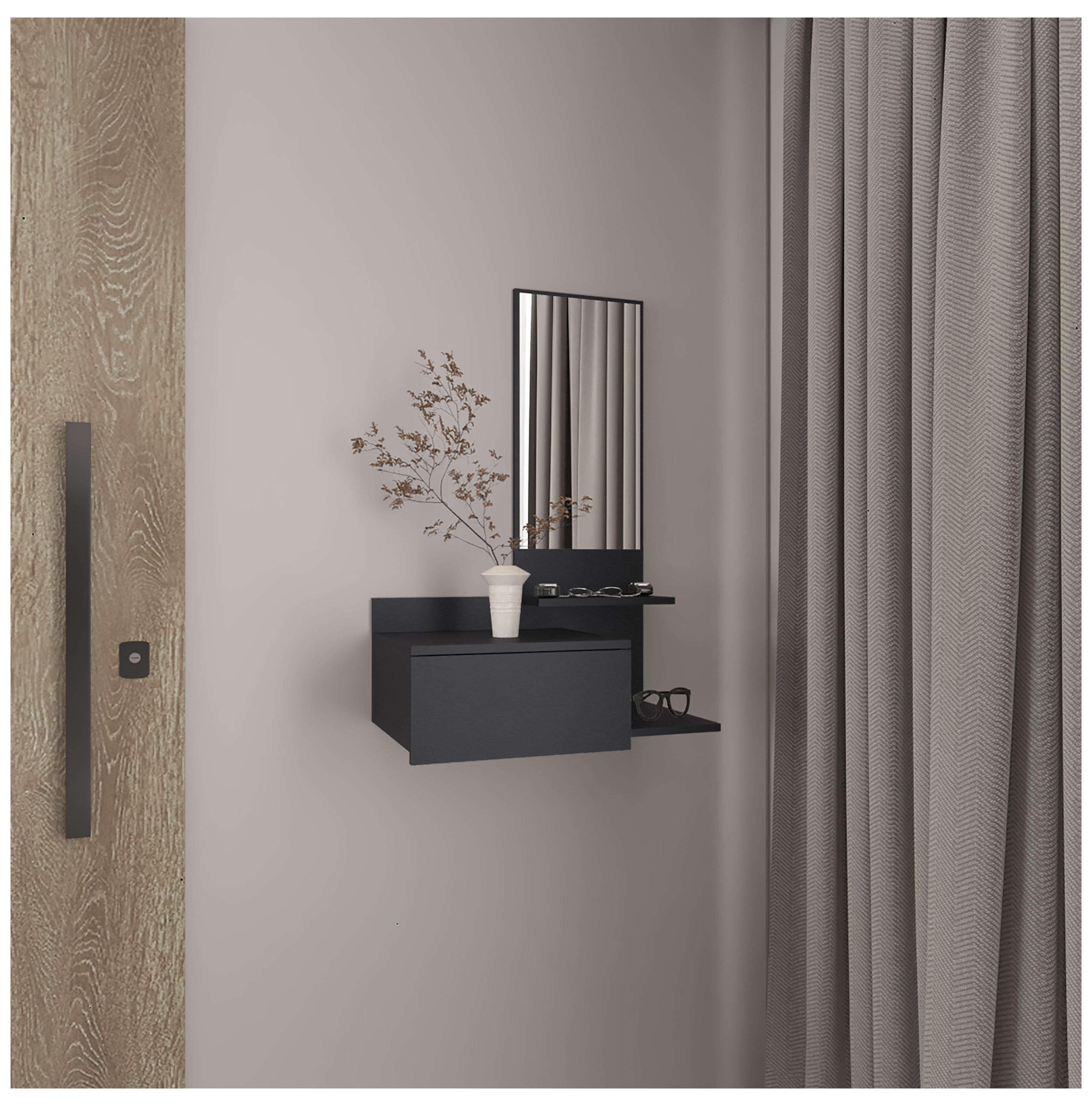 Vienna Console Table with Mirror & Shelves - 23.6" Floating Shelf, 3-Tier Design, Black Finish ...