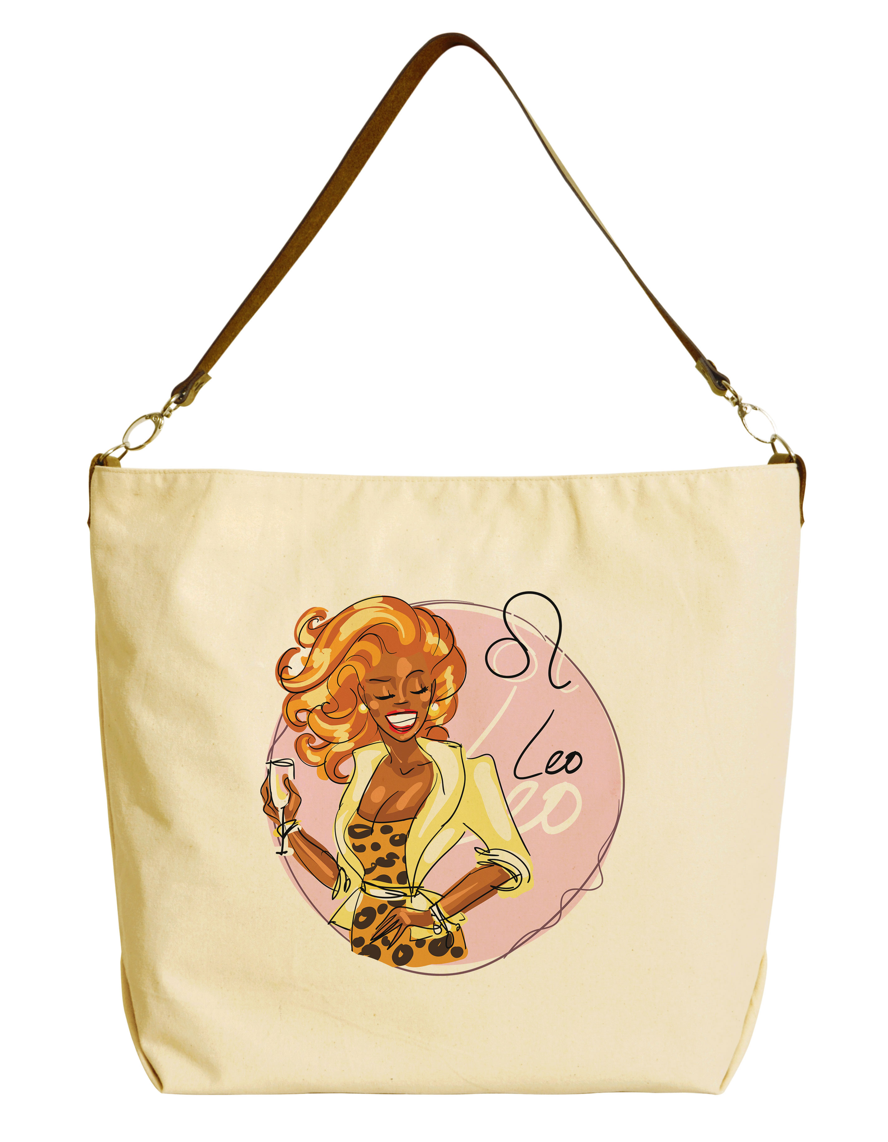 Vietsbay Leo Zodiac Sign Beige Printed Canvas Tote Bag with Leather ...