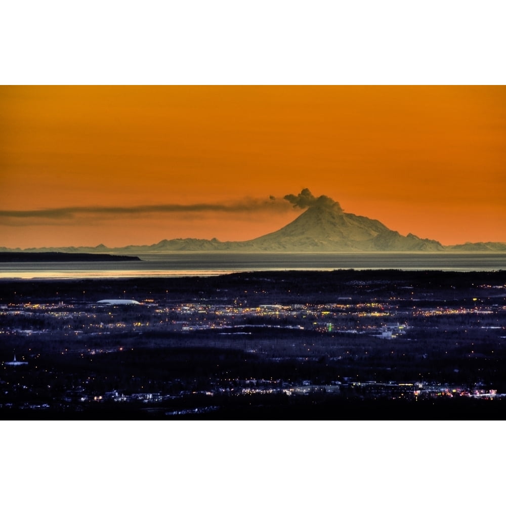 View Of The Anchorage Skyline At Sunset With Mount Redoubt Erupting In ...
