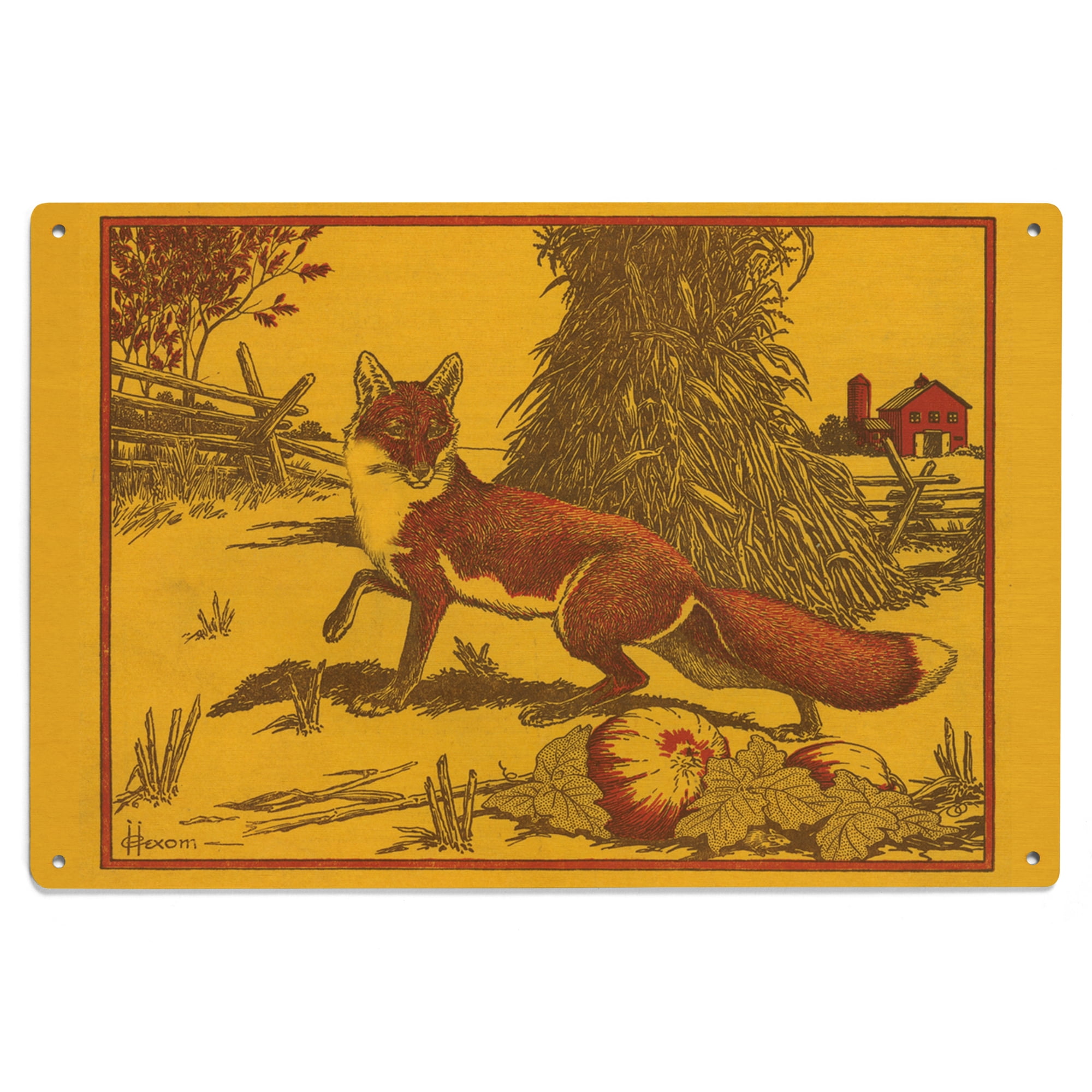 View of a Red Fox in a Pumpkin Patch, Vintage Magazine Birch Wood Wall ...