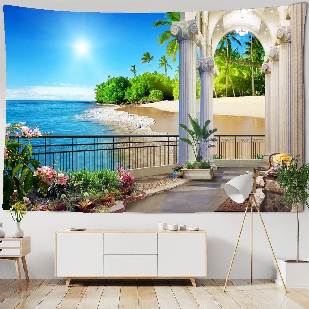 Viewing Platform Tapestry Wall Hang Ancit Rome Middle Ages Column Mountain Forest Castle R ...