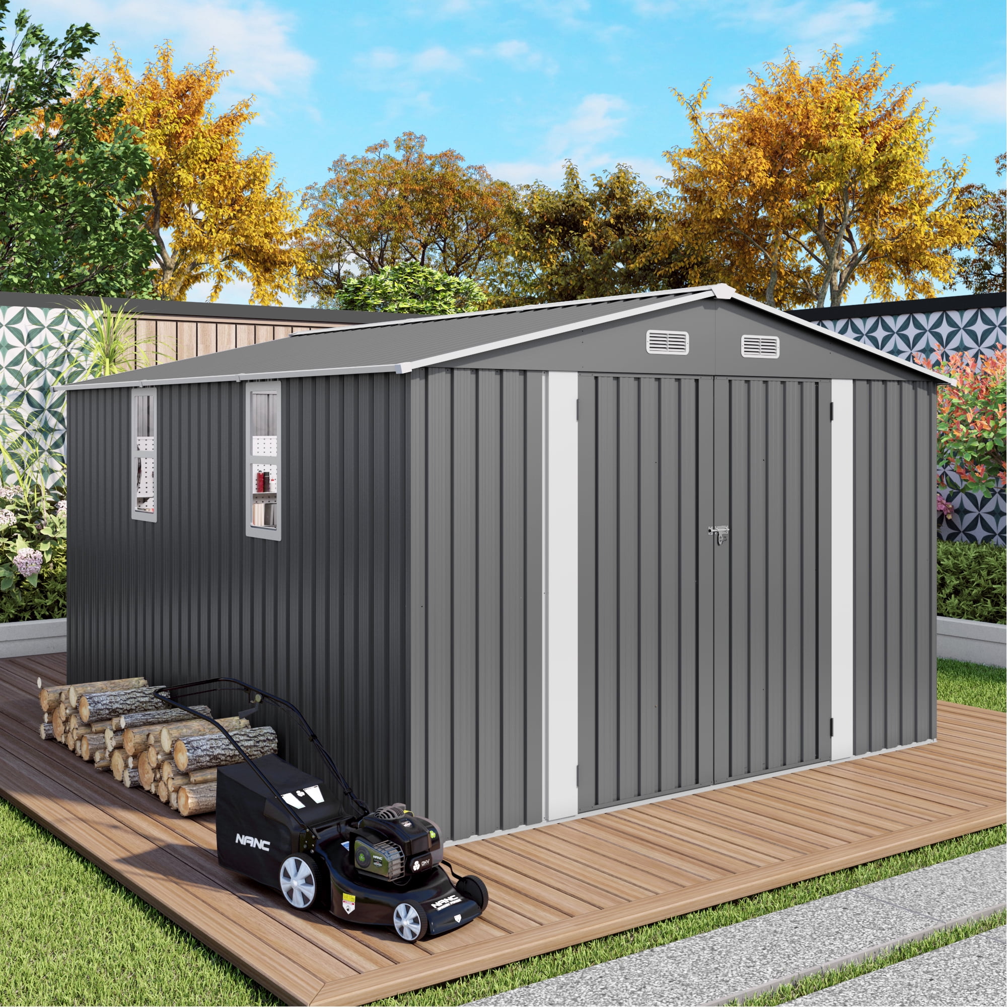 Vigo huseeo 10x12FT Metal Outdoor Storage Shed with Two Windows, Garden ...