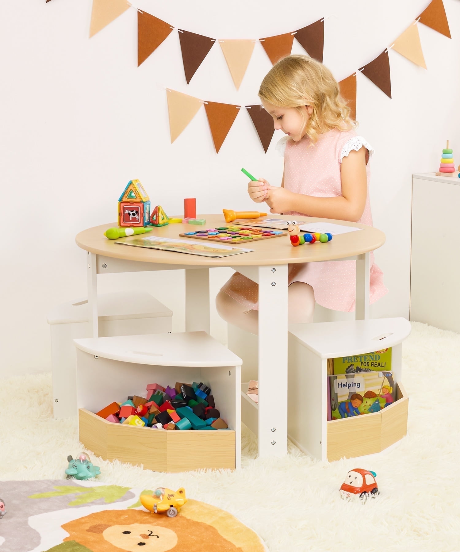VigorPro Wooden Kids Table and Chair Set with 4 Storage Stools, Round ...