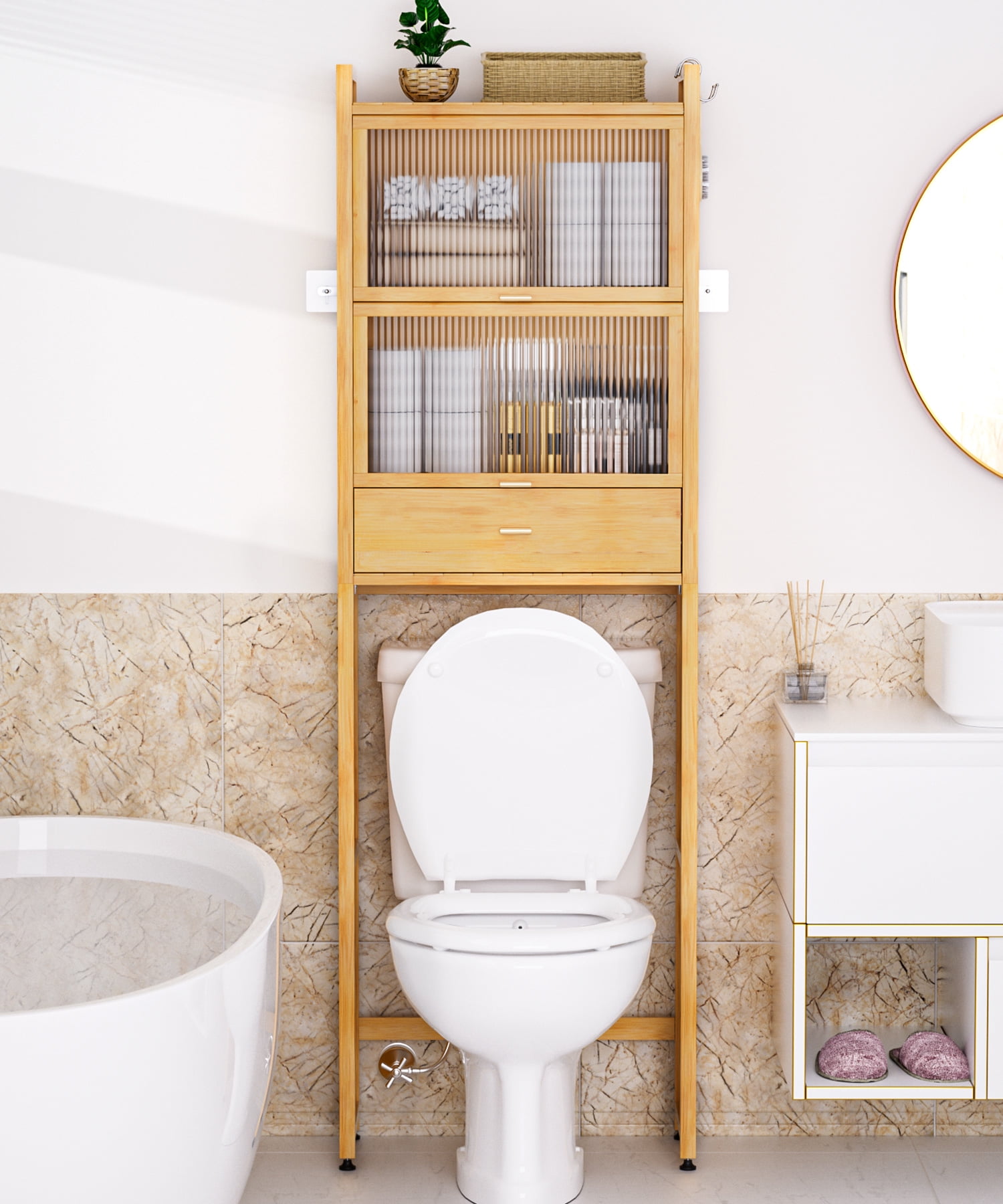 VigorPro Over The Toilet Bamboo Storage Cabinet with Drawer and Flip Door, Anti-Tip Design ...