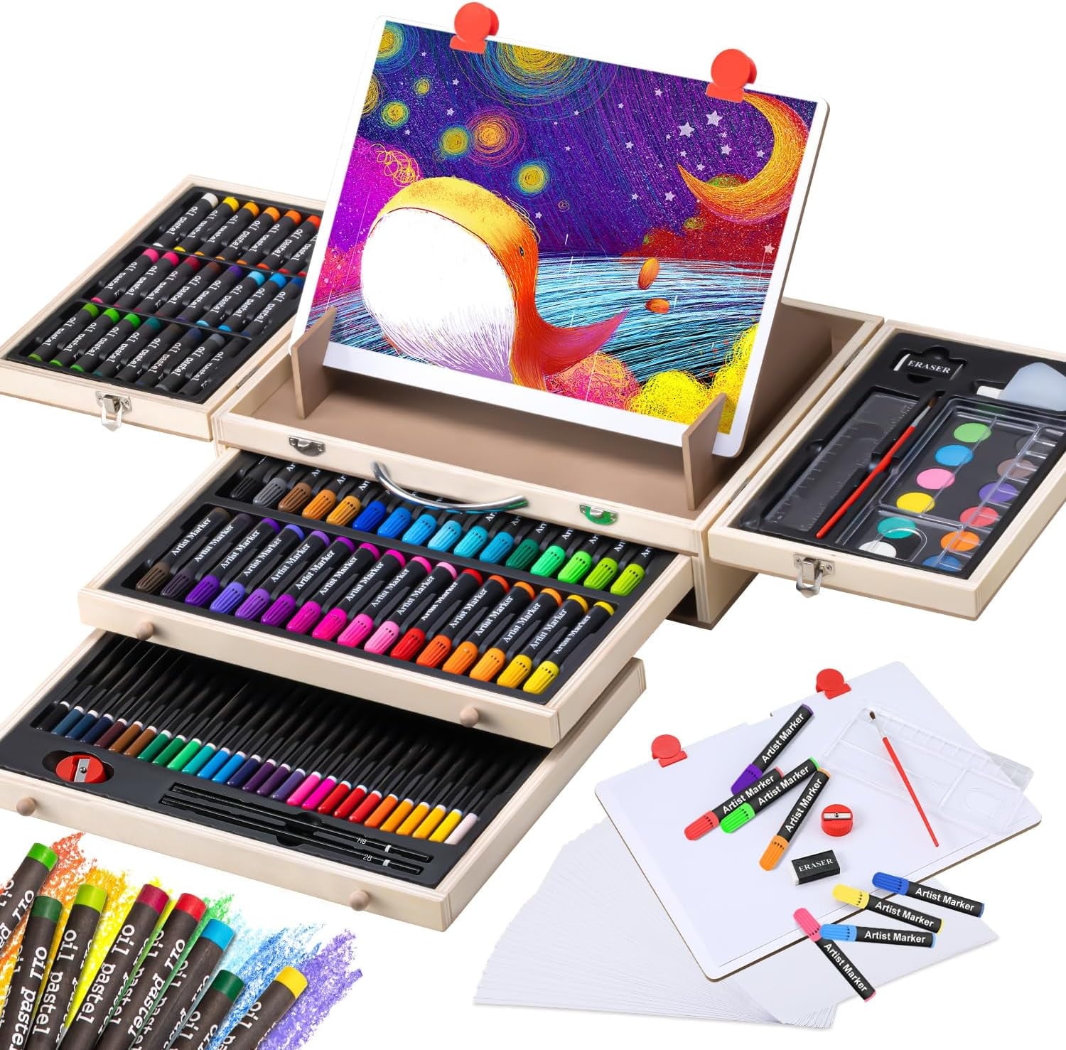 127pc Deluxe Wooden Art Set with Easel, Portable Case for Painting ...