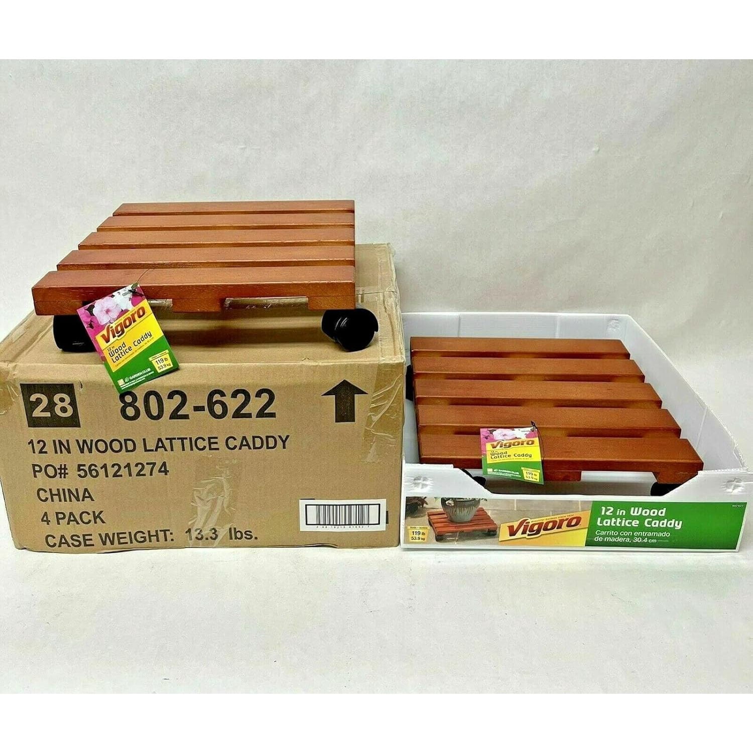 Vigoro Wood Lattice Plant Caddy with Wheels and Lock 12 in. x 12 in. x ...